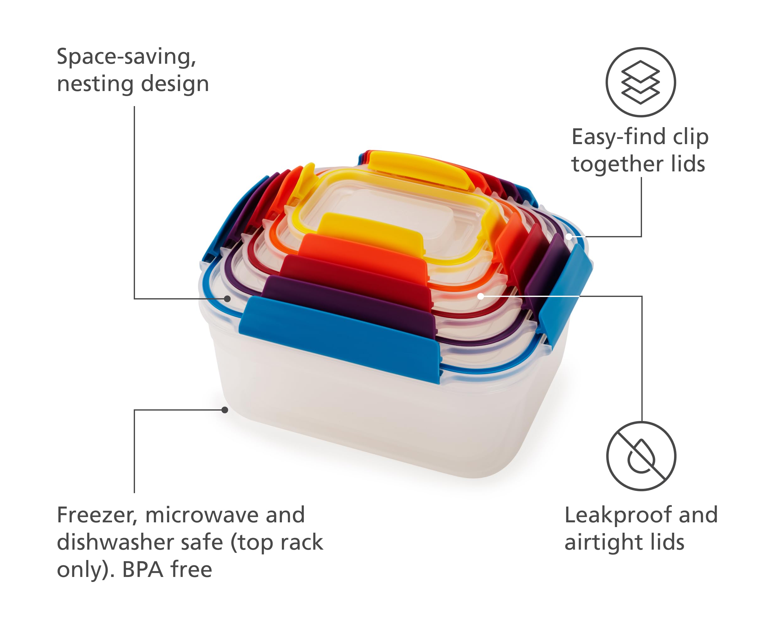Joseph Joseph Nest Lock Plastic Food Storage Container Set with Lockable Airtight Leakproof Lids, 10-Piece, Multi-Color