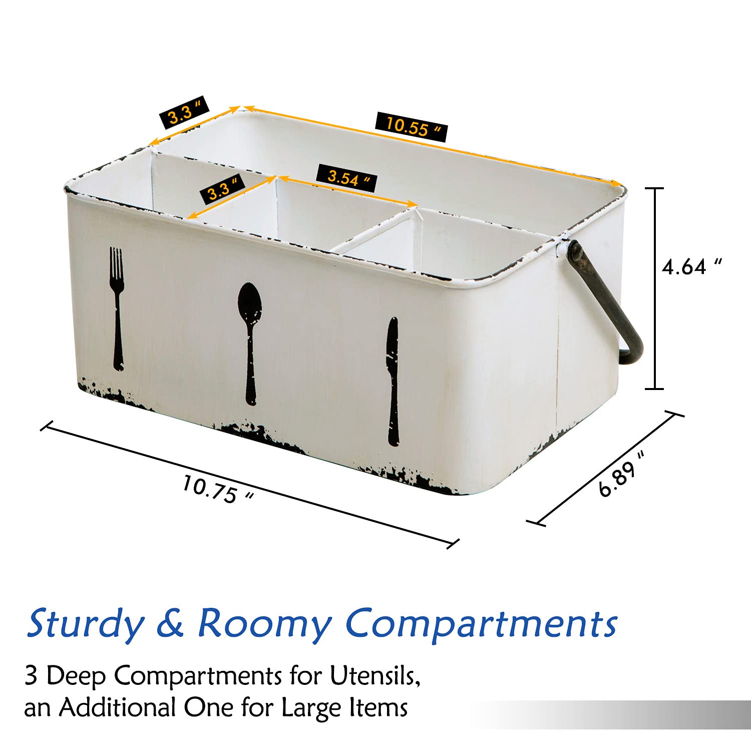 NIKKY HOME Utensil Caddy, Farmhouse Rustic Metal Cutlery Silverware Caddy with 4 Compartments, Flatware Holder Organizer for Kitchen Countertop, Picnics, Party, Camping, Outdoor - Distressed White