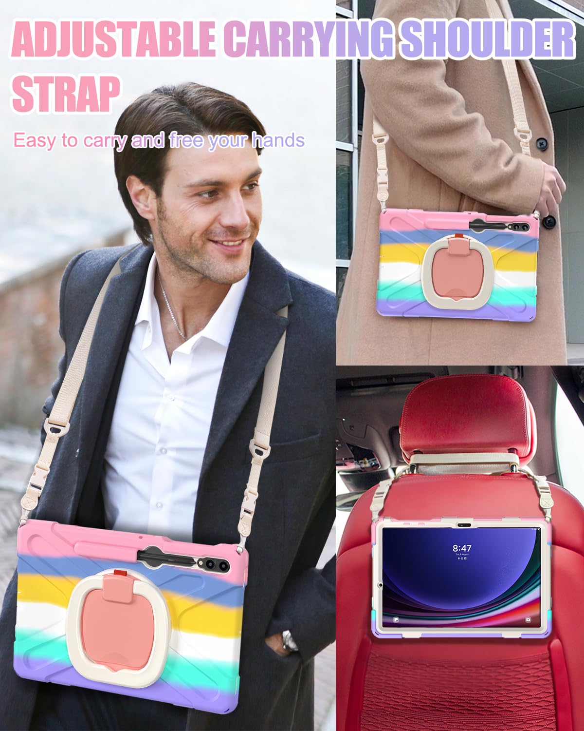 BRAECN Case for 12.4 Inch Samsung Galaxy Tab S9 Plus, S8+, S7+, S7 FE, Rugged Silicone Case with S Pen Holder, Handle Grip, Kickstand, Shoulder Strap, Colorful Pink