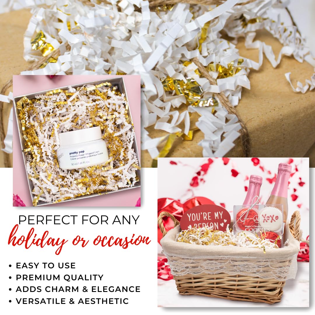 MagicWater Supply Crinkle Cut Paper Shred Filler (4 oz) for Gift Wrapping & Basket Filling - White & Gold