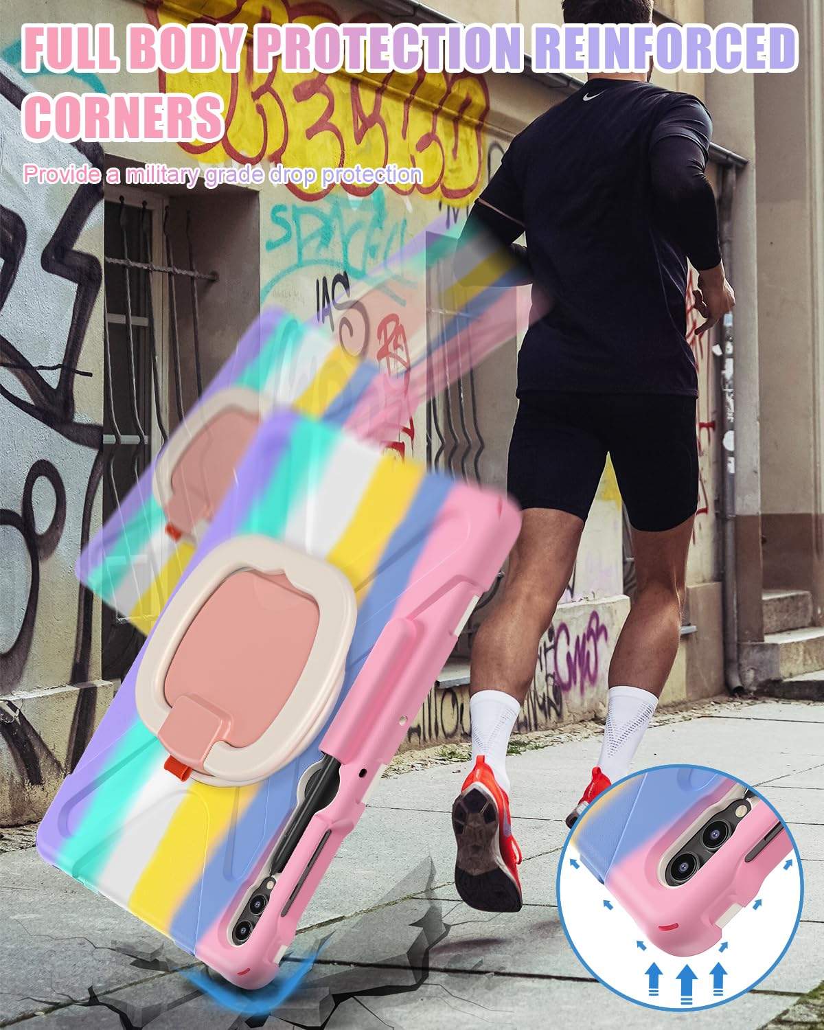 BRAECN Case for 12.4 Inch Samsung Galaxy Tab S9 Plus, S8+, S7+, S7 FE, Rugged Silicone Case with S Pen Holder, Handle Grip, Kickstand, Shoulder Strap, Colorful Pink