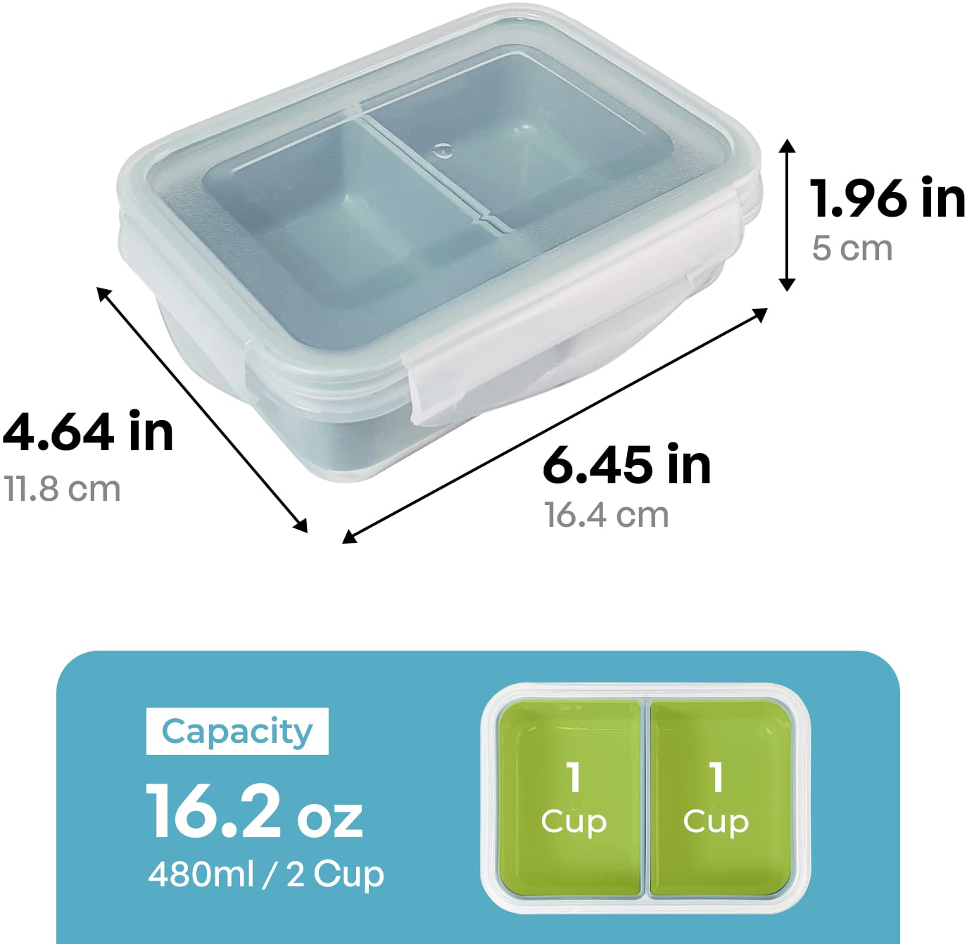 carrotez Food Storage Containers 2 Compartment, Meal Prep Container, Lunch Containers, Portion Control Container, BPA Free, Airtight Lids, Reusable, Snack Containers, 2 Cup (480ml)