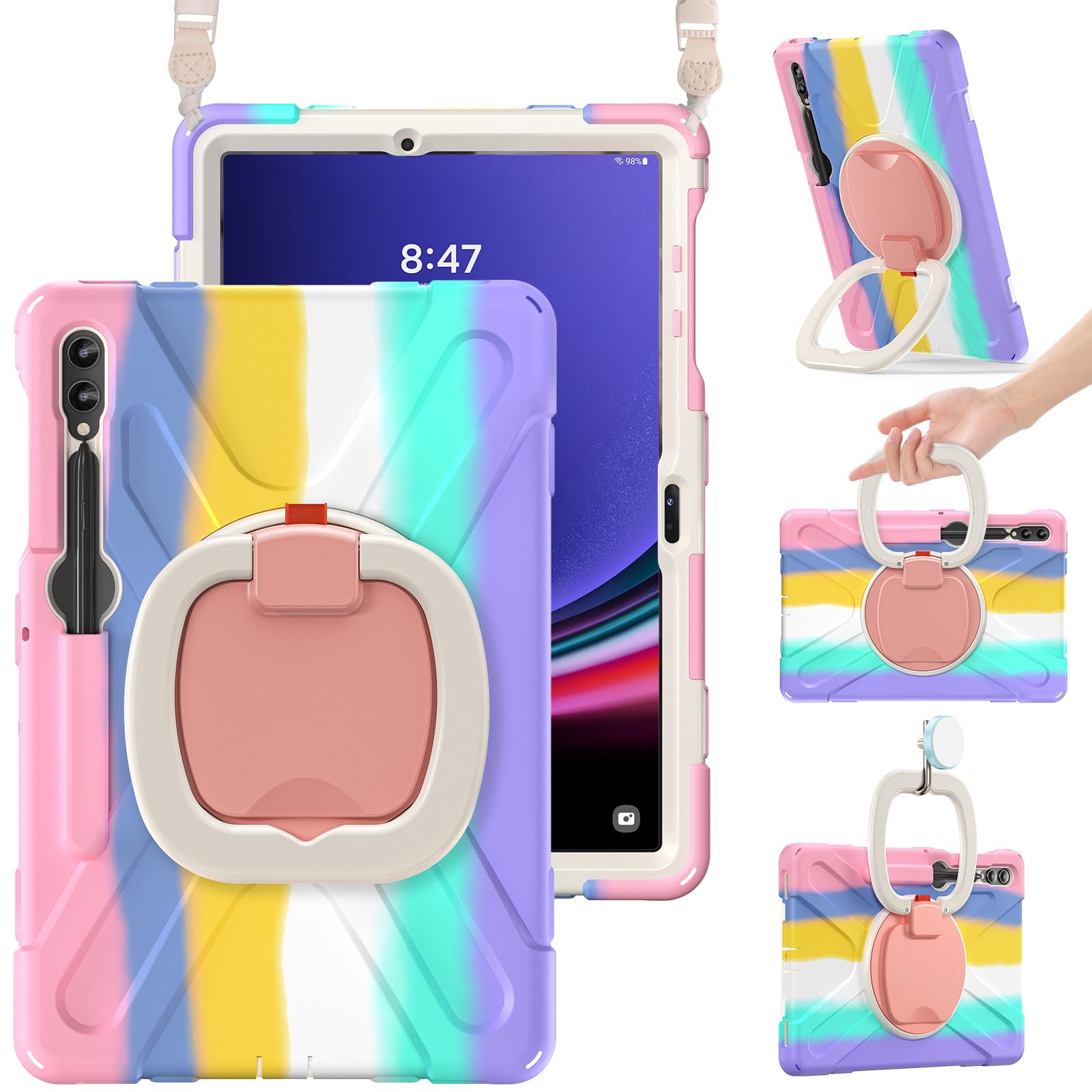 BRAECN Case for 12.4 Inch Samsung Galaxy Tab S9 Plus, S8+, S7+, S7 FE, Rugged Silicone Case with S Pen Holder, Handle Grip, Kickstand, Shoulder Strap, Colorful Pink