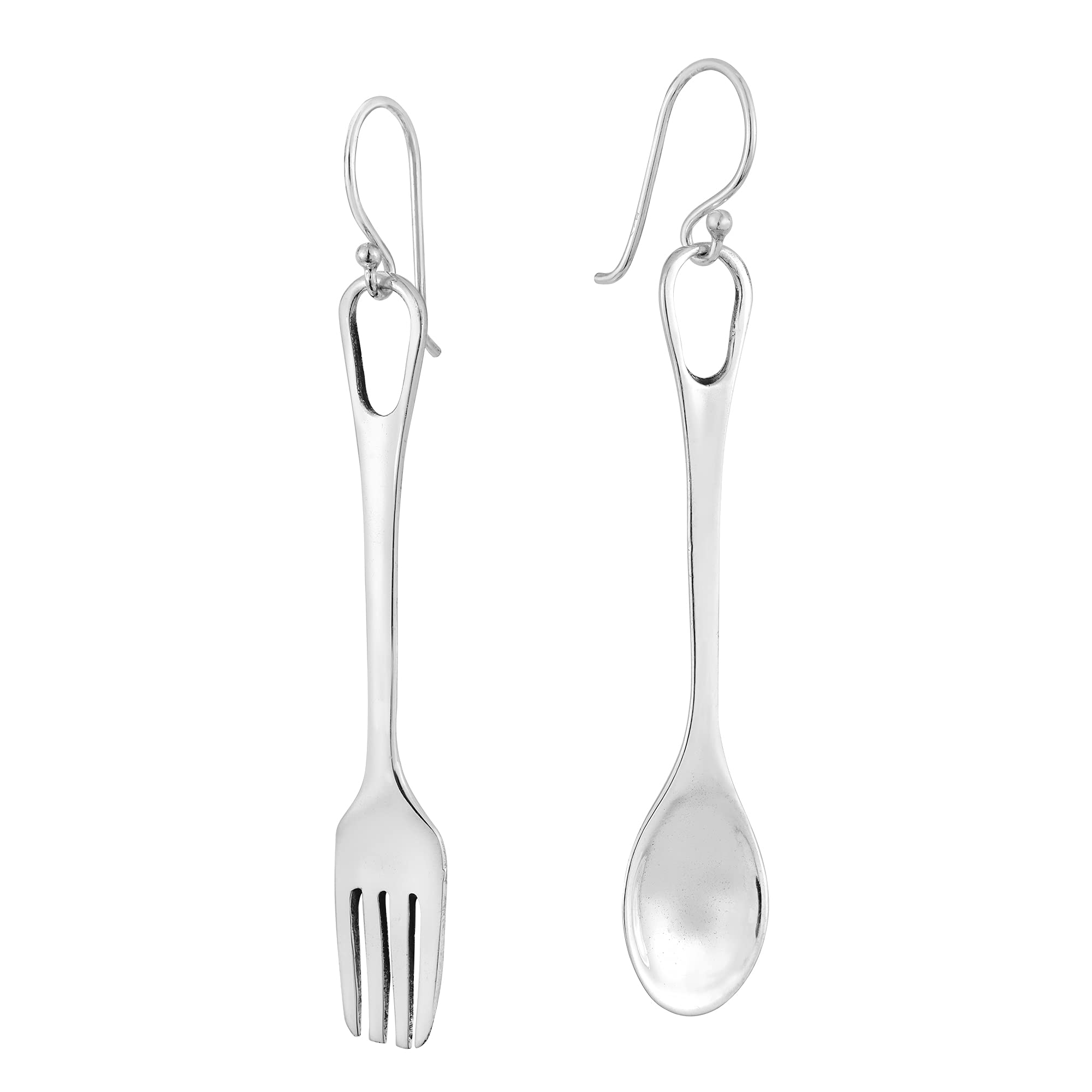 AeraVida Stylish Bon Appétit Spoon and Fork Mismatched Pair .925 Sterling Silver Cutlery Set Fishhook Dangle Earrings for Foodies and Fine Dining Fashion Accessories