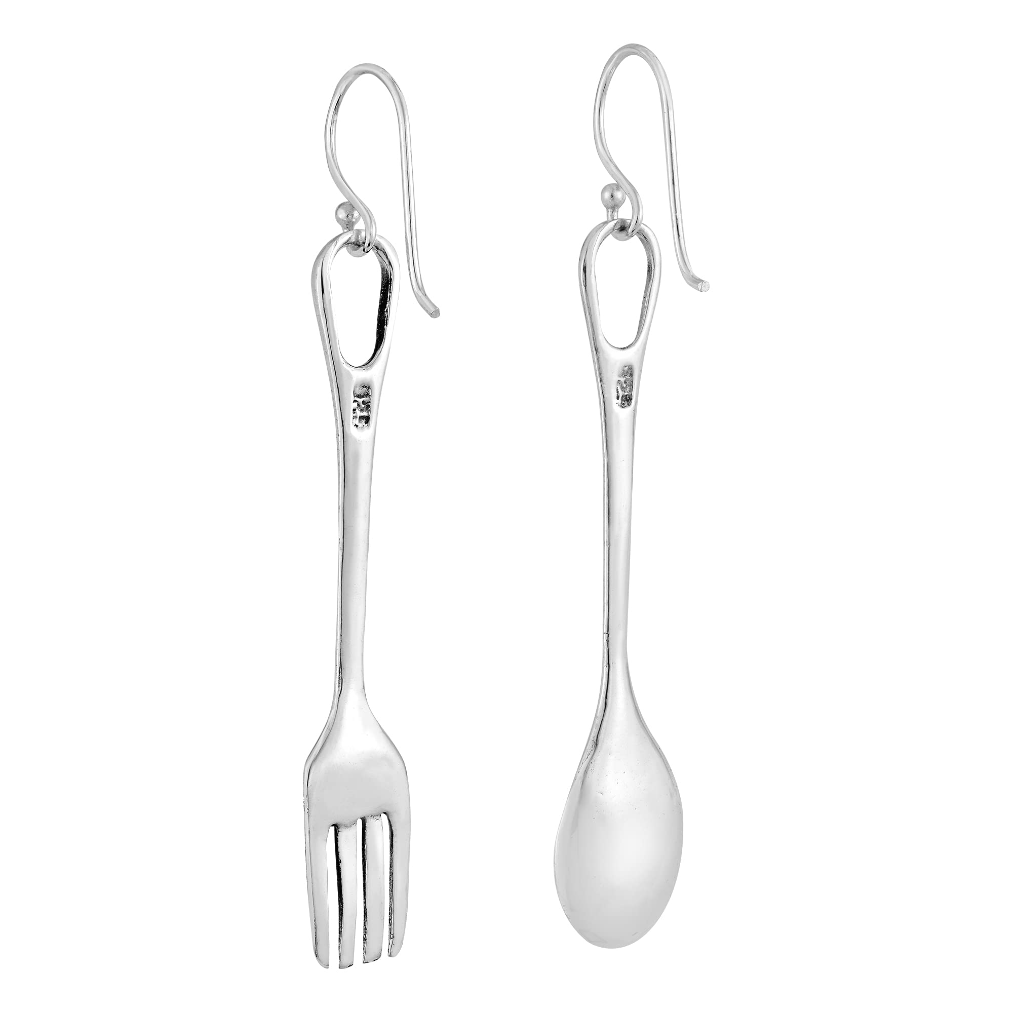 AeraVida Stylish Bon Appétit Spoon and Fork Mismatched Pair .925 Sterling Silver Cutlery Set Fishhook Dangle Earrings for Foodies and Fine Dining Fashion Accessories