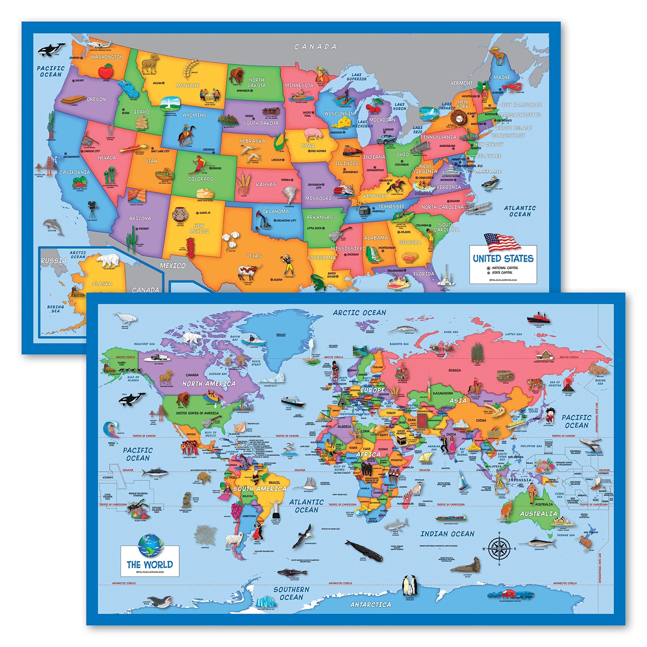 2 Pack - World & USA Map for Kids [Illustrated] - 2 Poster Set (Laminated, 18" x 29")
