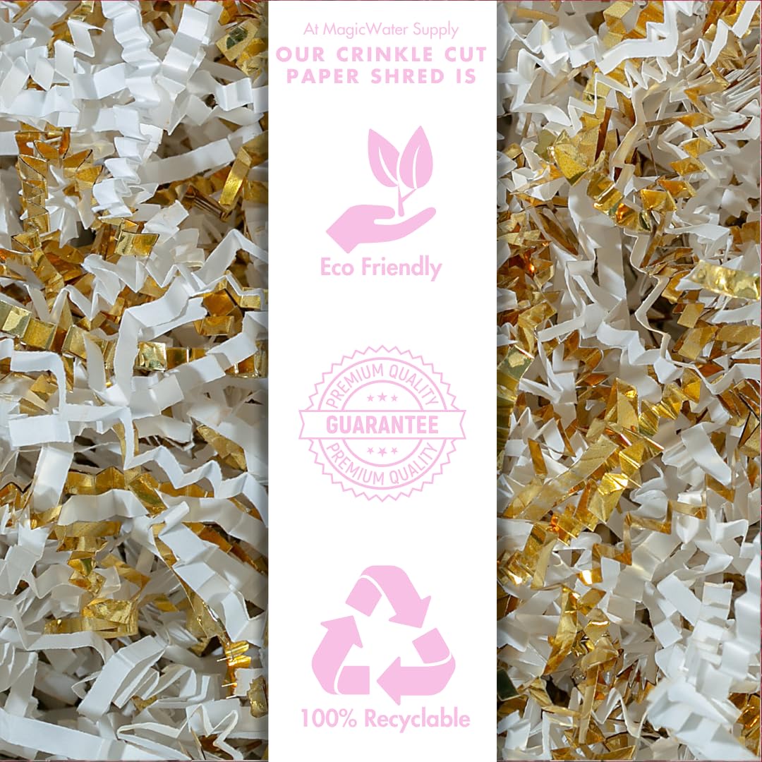 MagicWater Supply Crinkle Cut Paper Shred Filler (4 oz) for Gift Wrapping & Basket Filling - White & Gold