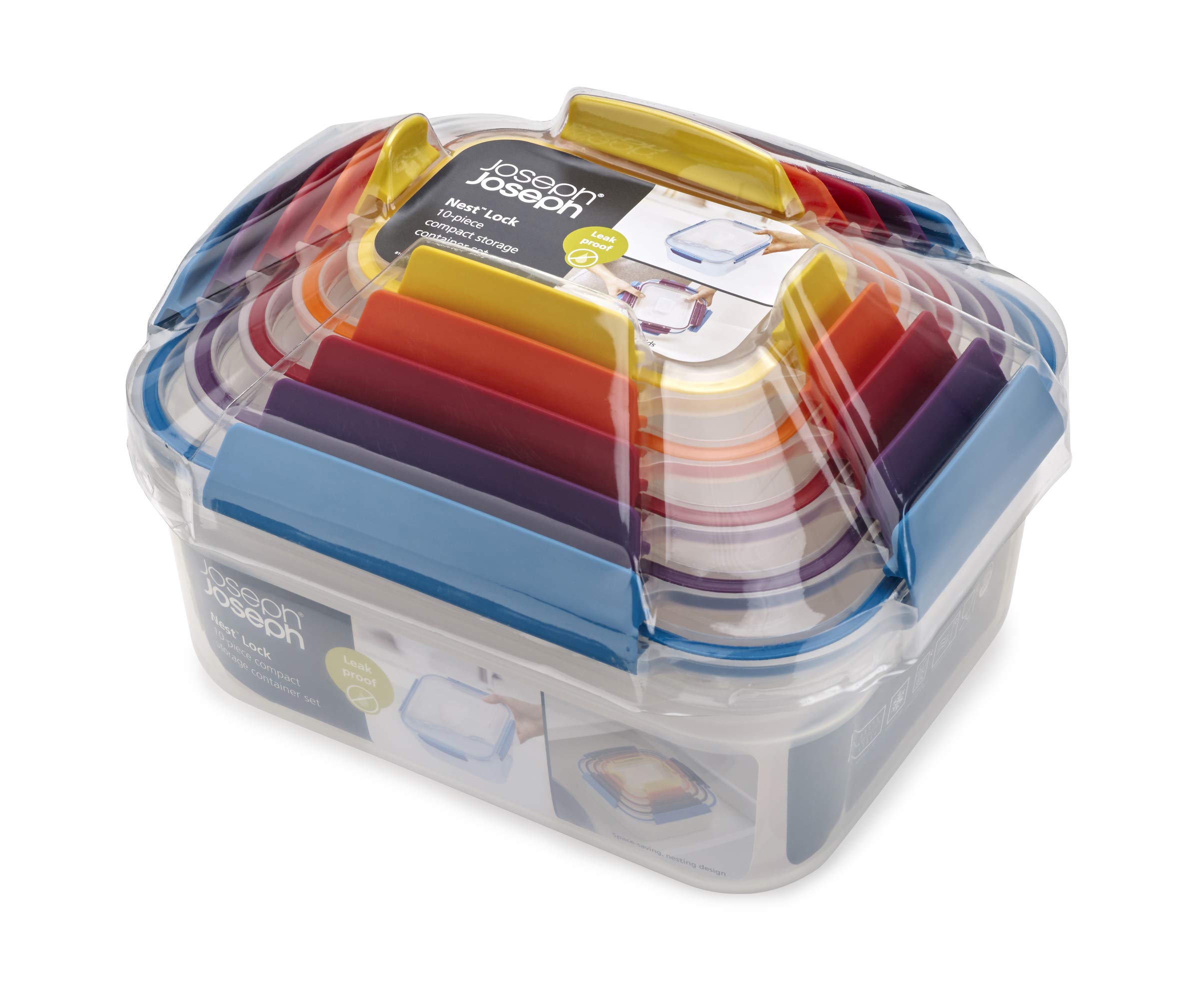 Joseph Joseph Nest Lock Plastic Food Storage Container Set with Lockable Airtight Leakproof Lids, 10-Piece, Multi-Color