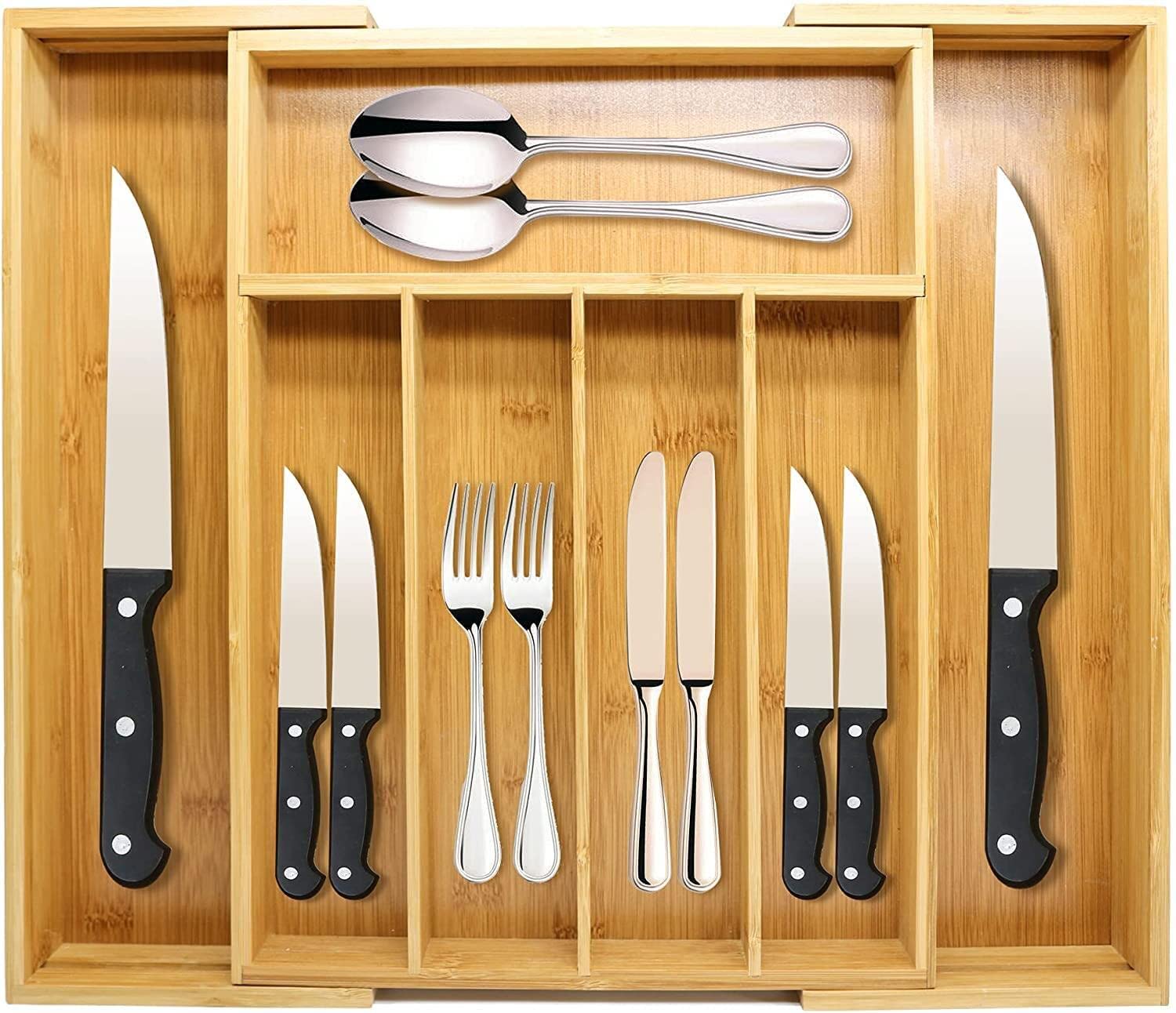 Diosbles 6 Pack Bamboo Drawer Dividers Expandable(2.36" High, 13.86"-18.98") and Bamboo Expandable Silverware Organizer