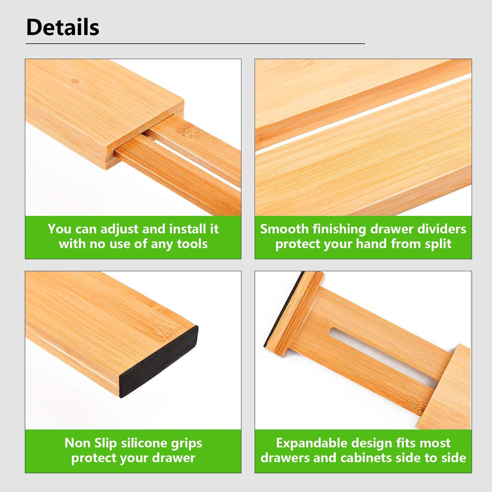 Diosbles 6 Pack Bamboo Drawer Dividers Expandable(2.36" High, 13.86"-18.98") and Bamboo Expandable Silverware Organizer