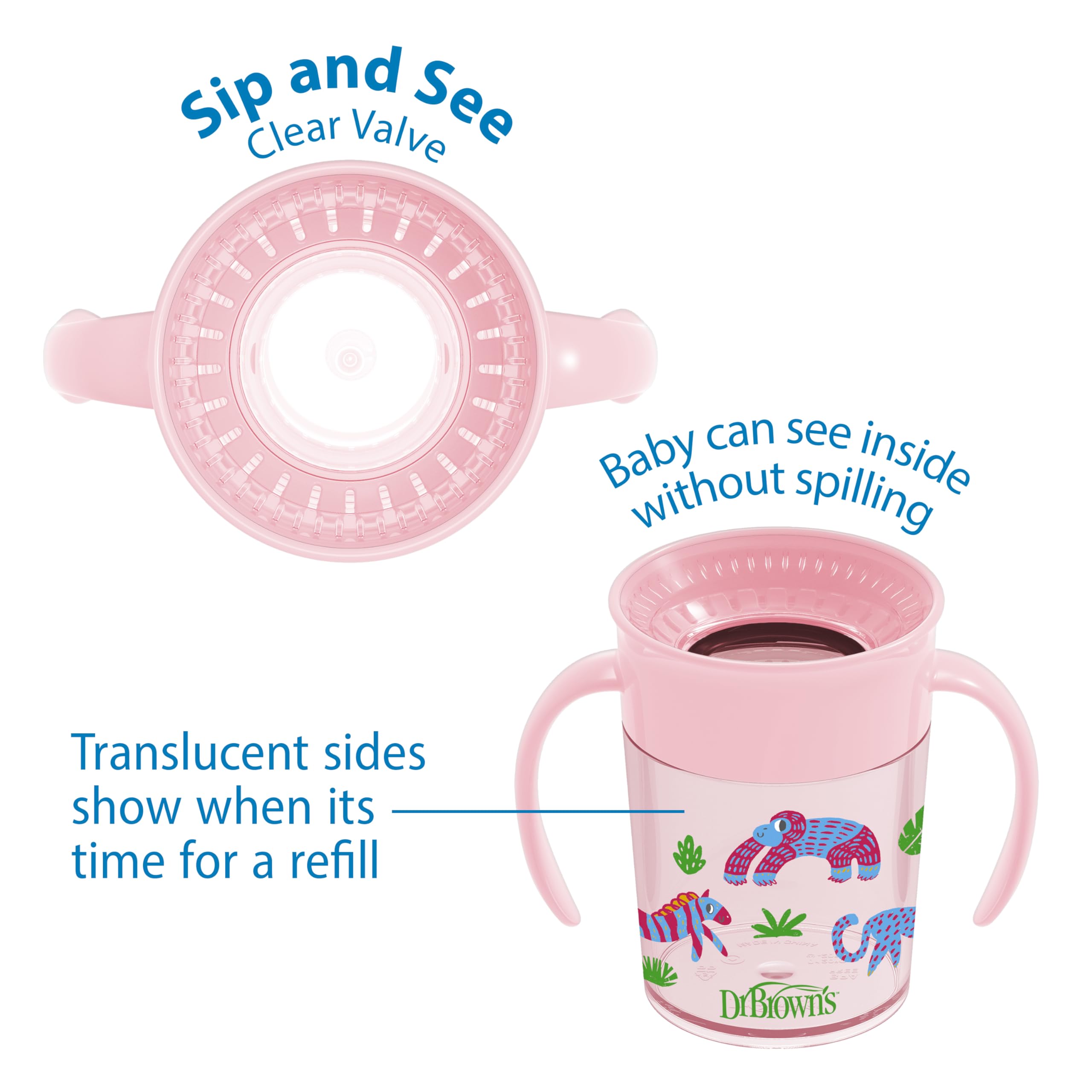 Dr. Brown's Milestones Cheers 360 Cup Spoutless Transition Cup with Handles for Easy Grip and Leak-Free Learning, Pink Safari, 7 oz/200 mL
