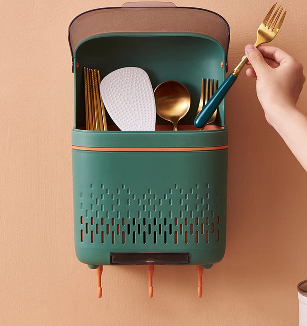Crosslands Wall Mounted Multifunctional Spoon Fork Chopstick Storage Holder Box Tableware Shelf Organazation Rack Cutlery Drain Rack Organizer Case for Kitchen,Storage Holder-Green