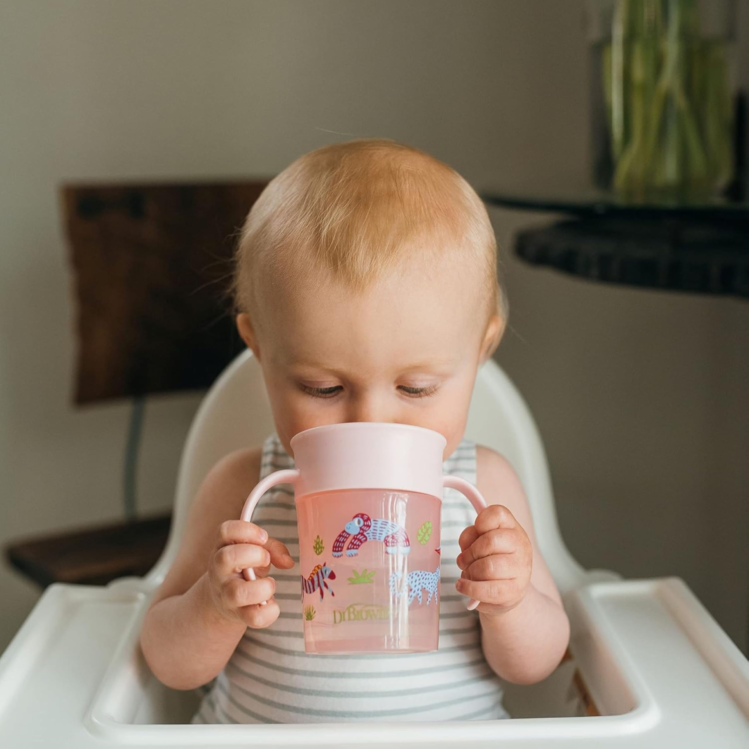Dr. Brown's Milestones Cheers 360 Cup Spoutless Transition Cup with Handles for Easy Grip and Leak-Free Learning, Pink Safari, 7 oz/200 mL