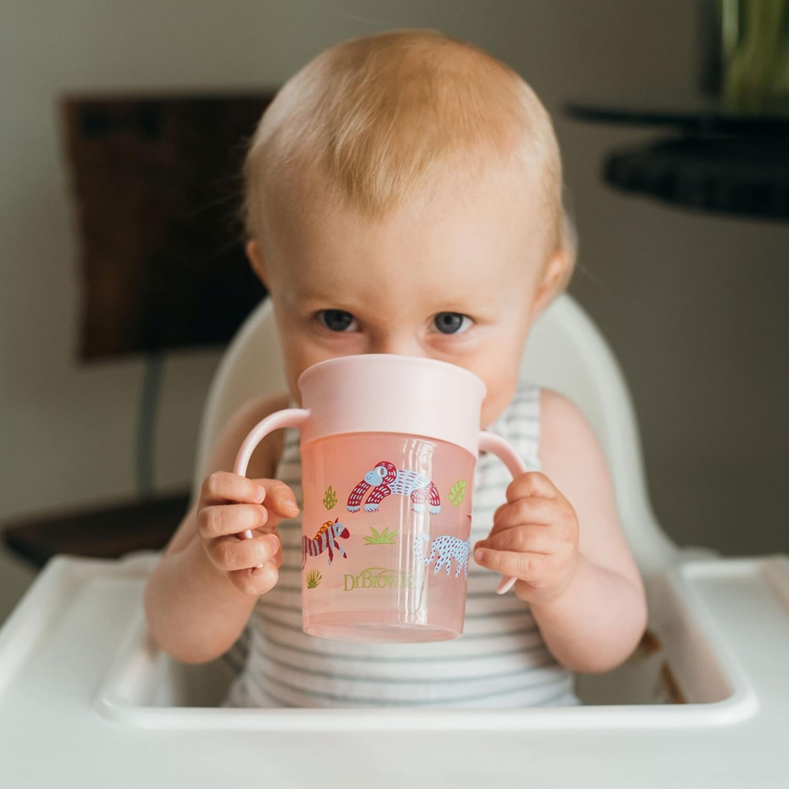 Dr. Brown's Milestones Cheers 360 Cup Spoutless Transition Cup with Handles for Easy Grip and Leak-Free Learning, Pink Safari, 7 oz/200 mL