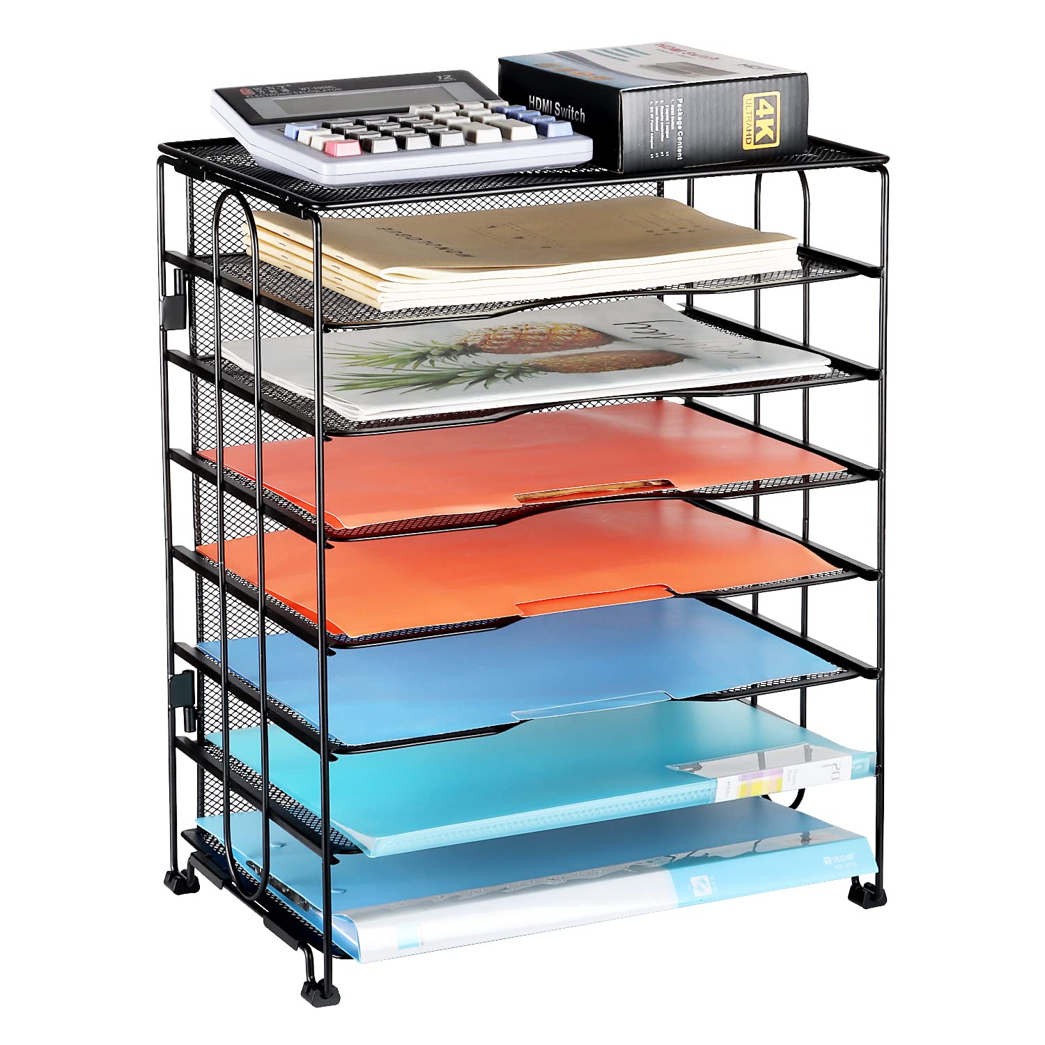 Univivi Office Desk Organizer, 7-Tier Mesh Letter Trays , File Paper Tray Organizer / Screws Free design ,Black