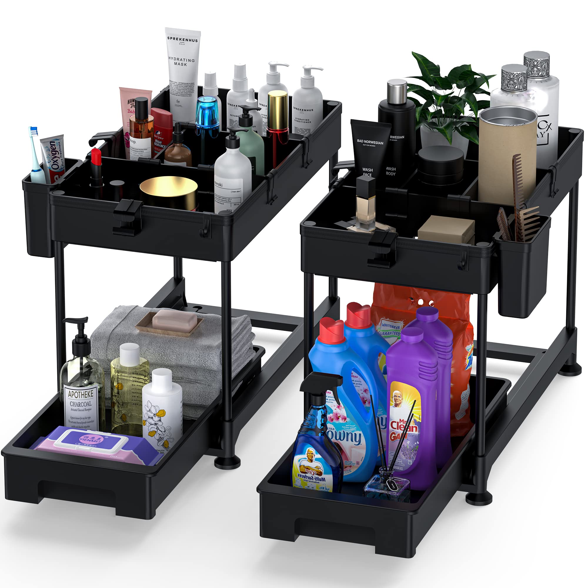 Under Sink Organizers 2-Tier, RIASEVI Sliding Under Bathroom Kitchen Cabinet Storage Drawer Organizer with Hooks, Hanging Cup, Dividers, Multi-purpose Under Sink Shelf Organizer, 2 Pack, Black