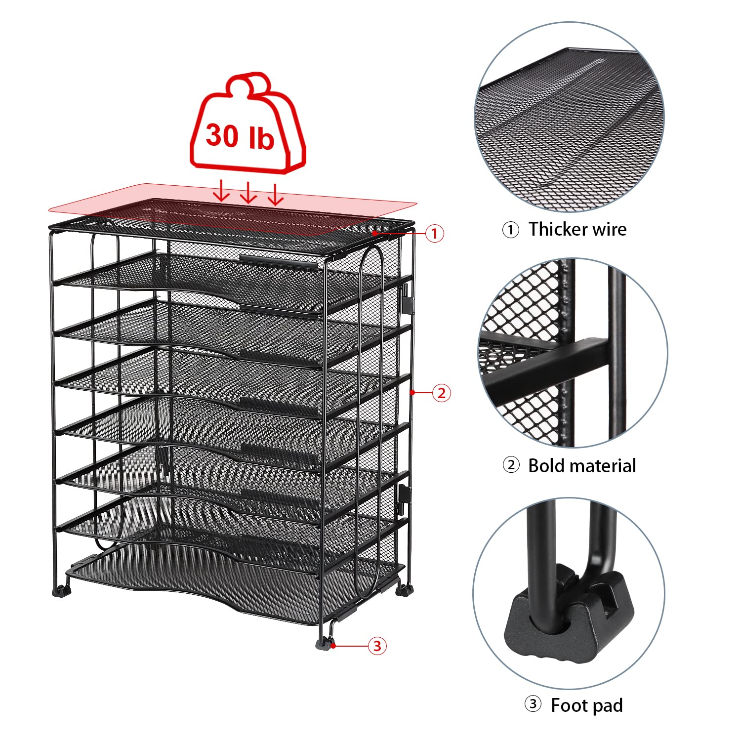 Univivi Office Desk Organizer, 7-Tier Mesh Letter Trays , File Paper Tray Organizer / Screws Free design ,Black
