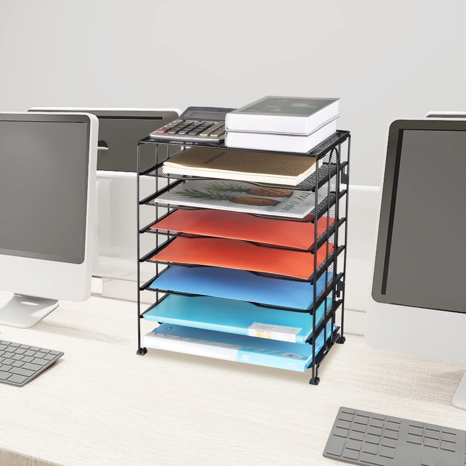 Univivi Office Desk Organizer, 7-Tier Mesh Letter Trays , File Paper Tray Organizer / Screws Free design ,Black