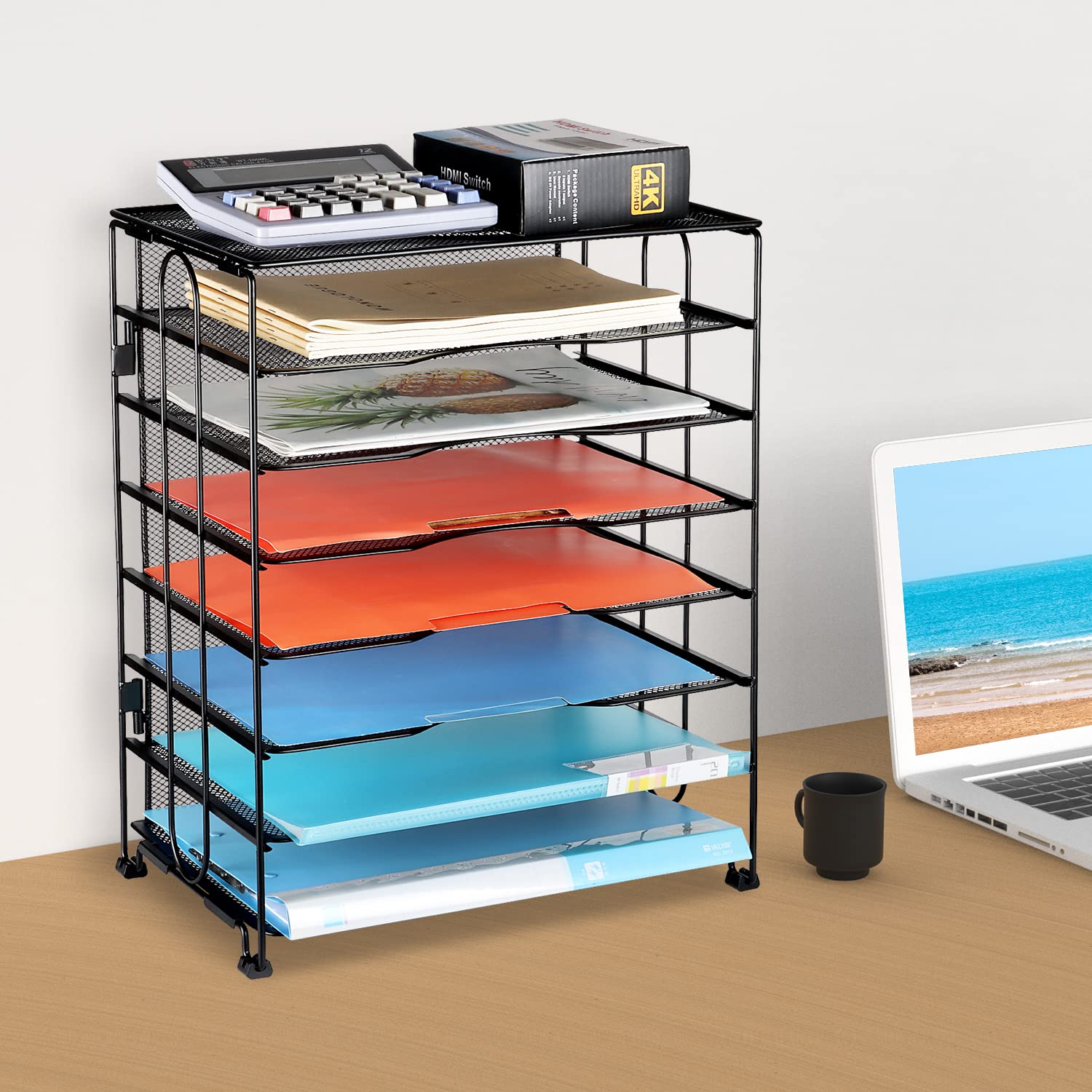 Univivi Office Desk Organizer, 7-Tier Mesh Letter Trays , File Paper Tray Organizer / Screws Free design ,Black