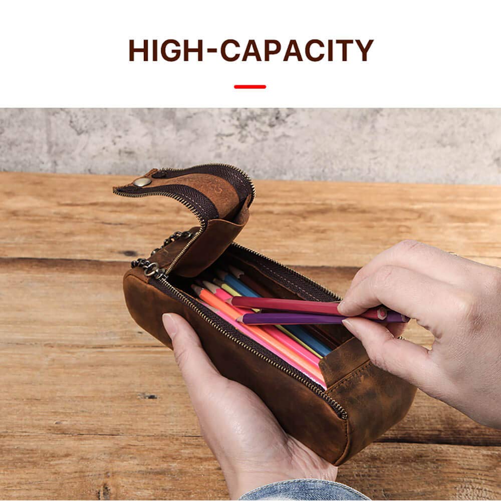 Hiram Pen Case Leather Pouch, Crazy Horse Cowhide Leather Zipper Pencil Case Leather, Portable Pen Bag Pouch Leather Cosmetic Case(Coffee)