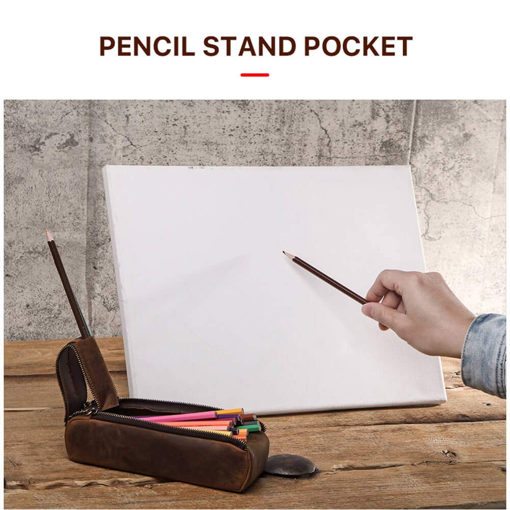 Hiram Pen Case Leather Pouch, Crazy Horse Cowhide Leather Zipper Pencil Case Leather, Portable Pen Bag Pouch Leather Cosmetic Case(Coffee)