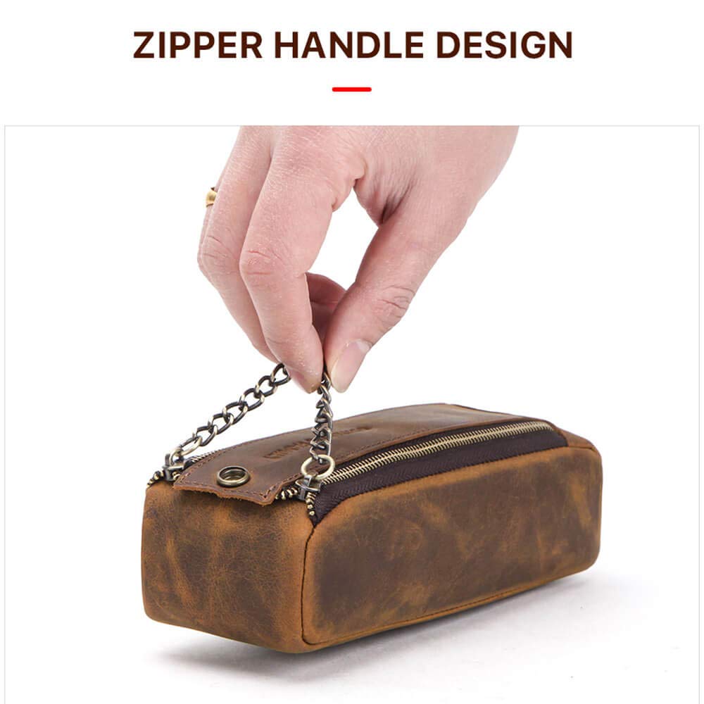 Hiram Pen Case Leather Pouch, Crazy Horse Cowhide Leather Zipper Pencil Case Leather, Portable Pen Bag Pouch Leather Cosmetic Case(Coffee)
