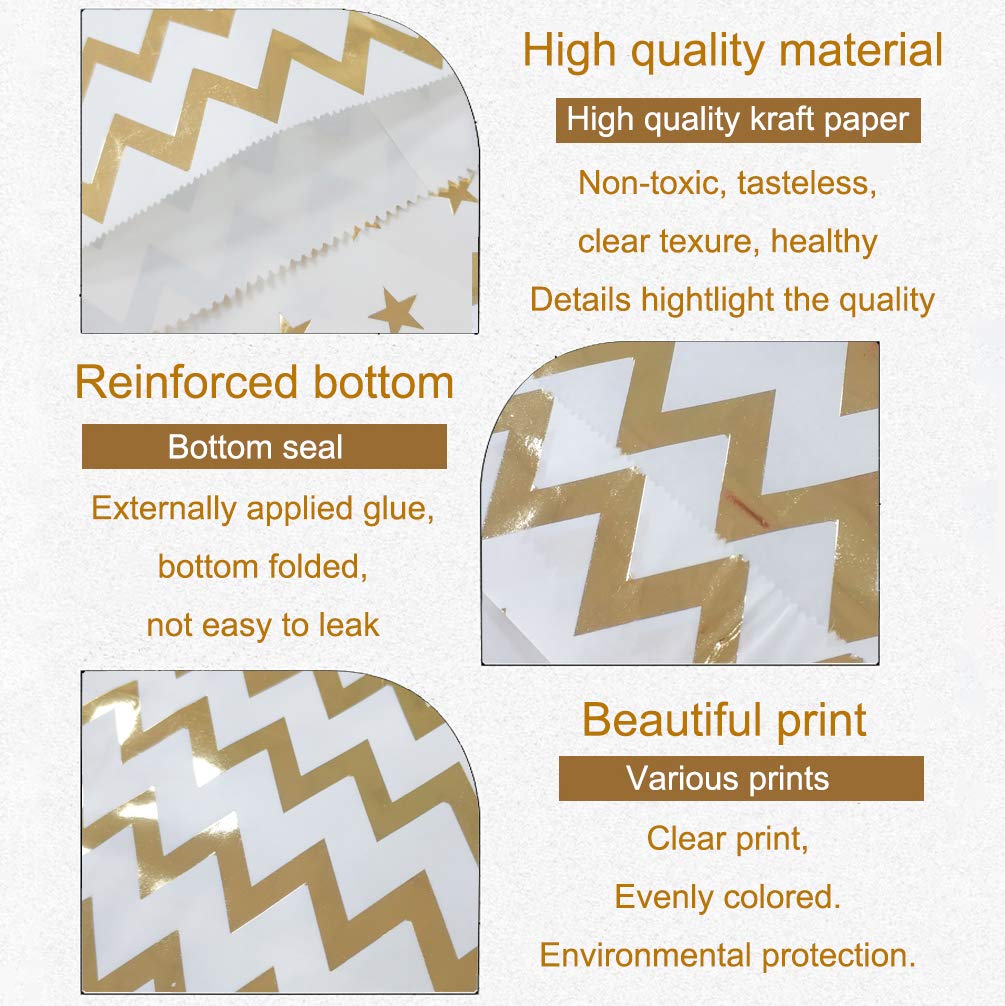 KIYOOMY 100 Pcs Gold Candy Buffet Bags Small Polka Dot Paper Treat Bags (Bright Gold, 5 inch X 7 inch)