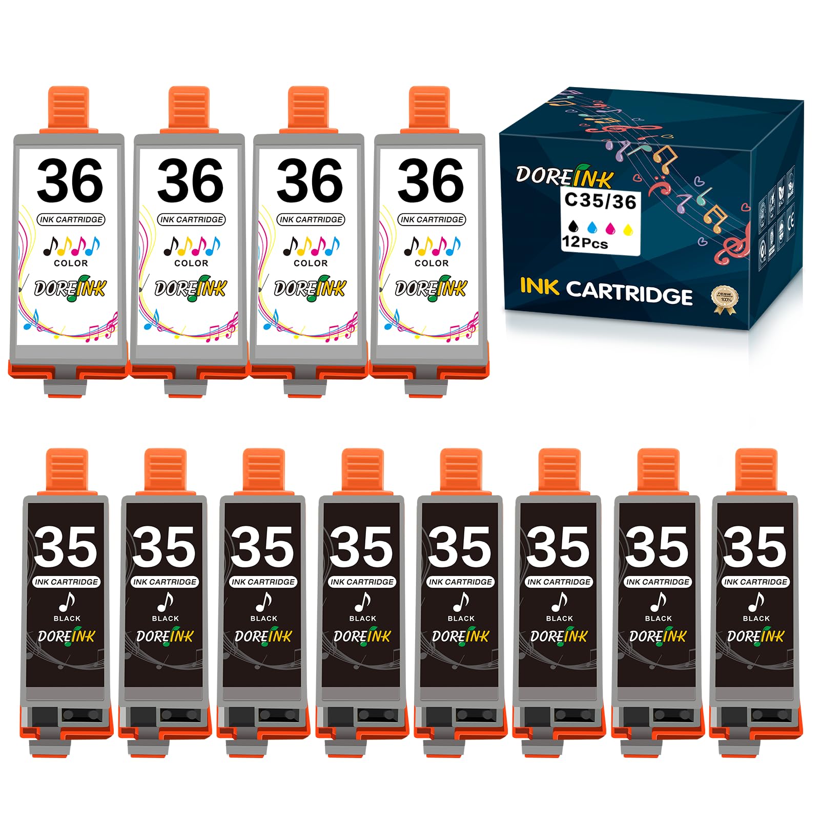 DOREINK 35 36 Compatible PGI-35 CLI-36 Ink Cartridge for Canon PGI-35 CLI-36 PGI35 CLI36 to use with Pixma iP110 iP100 TR150 Mini260 Mini320 Printer(8 Black, 4 Tri-Color) 12 Pack