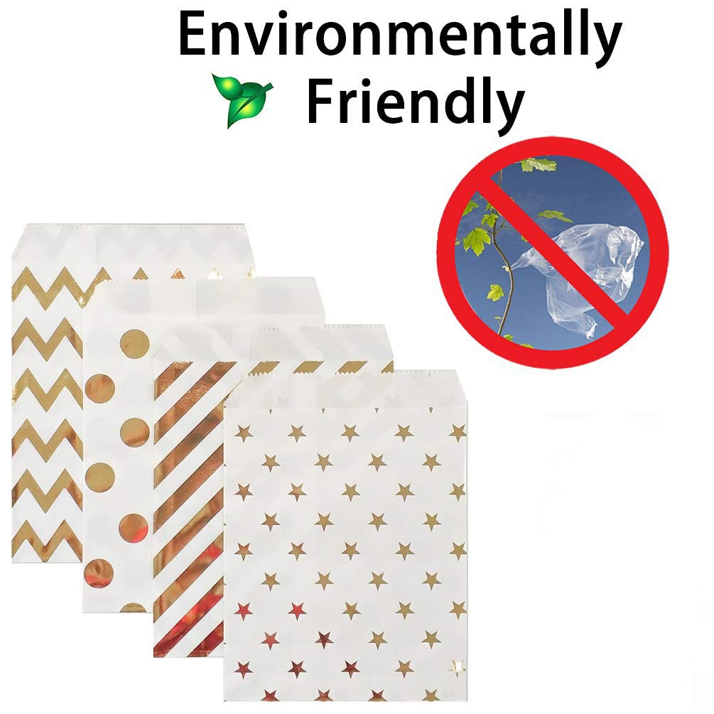 KIYOOMY 100 Pcs Gold Candy Buffet Bags Small Polka Dot Paper Treat Bags (Bright Gold, 5 inch X 7 inch)