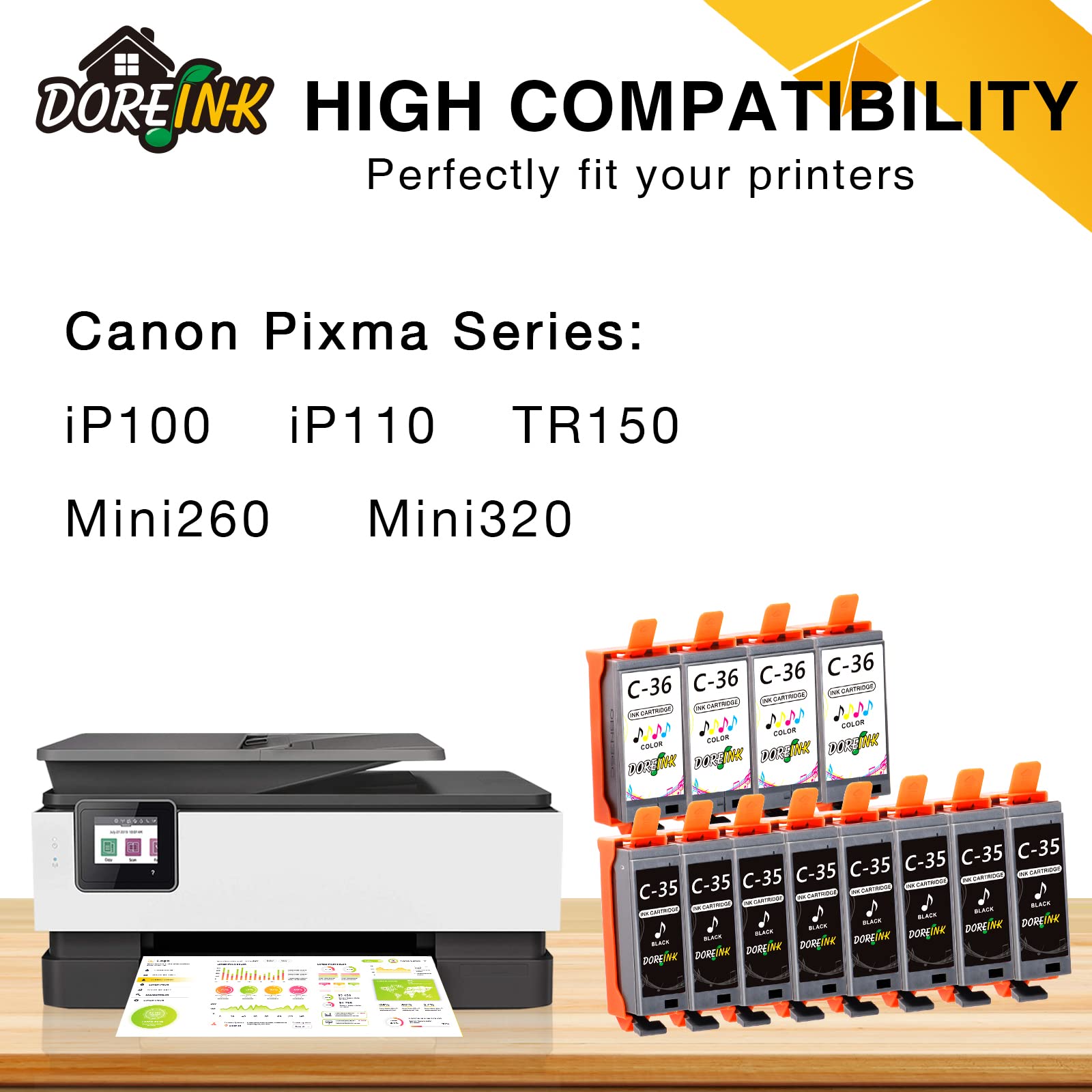 DOREINK 35 36 Compatible PGI-35 CLI-36 Ink Cartridge for Canon PGI-35 CLI-36 PGI35 CLI36 to use with Pixma iP110 iP100 TR150 Mini260 Mini320 Printer(8 Black, 4 Tri-Color) 12 Pack