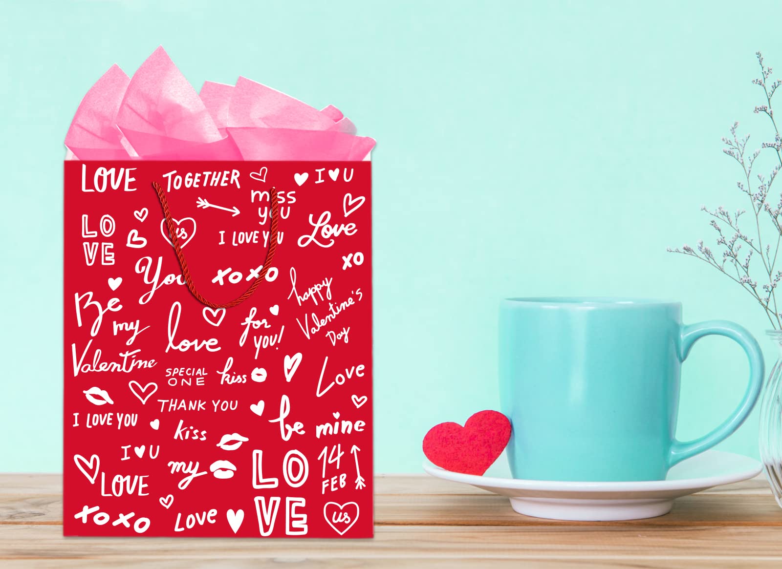 FaCraft Valentines Gift Bags with Handle,Large Happy Valentines Day Gift Bags with Tissue Paper for Her Him Girlfriend Boyfriend,Red Valentine Paper Gift Bag for Valentine's Day Anniversary Wedding