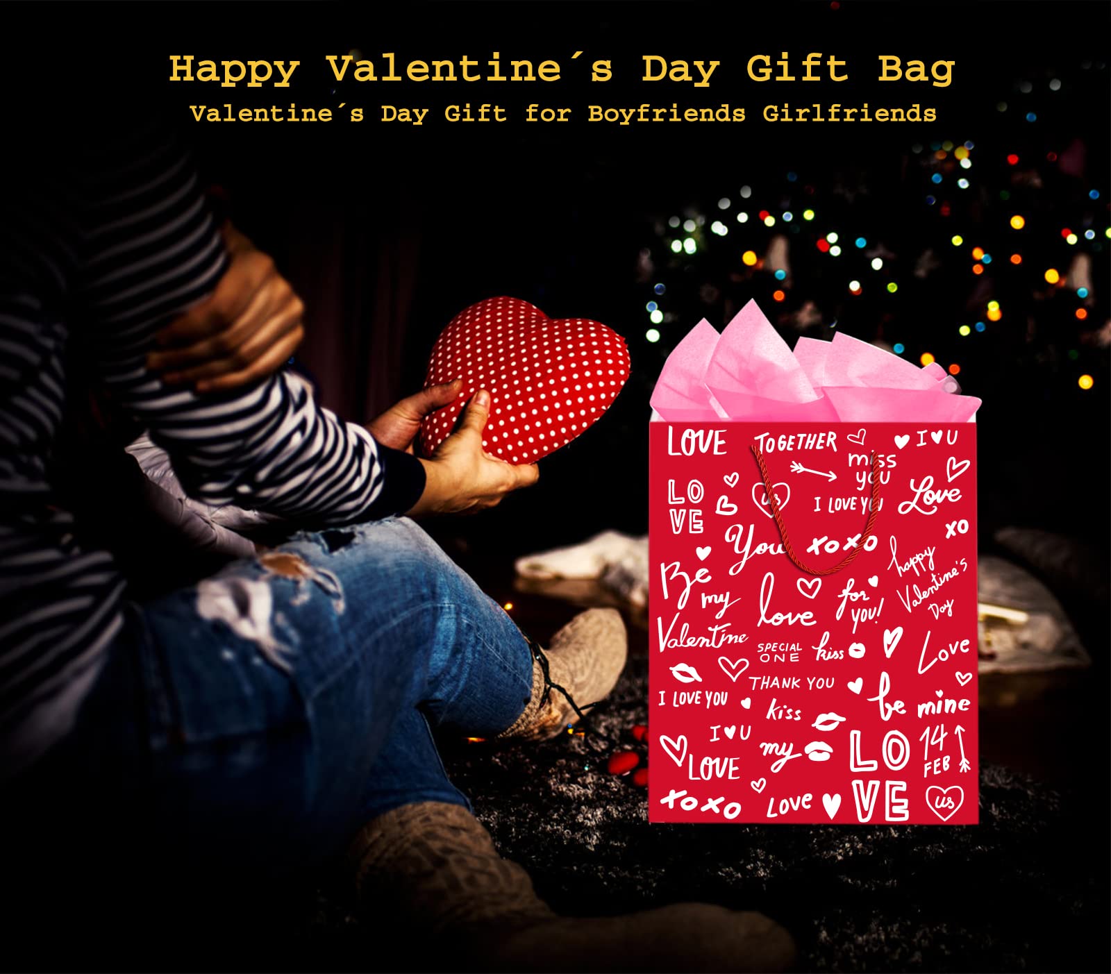 FaCraft Valentines Gift Bags with Handle,Large Happy Valentines Day Gift Bags with Tissue Paper for Her Him Girlfriend Boyfriend,Red Valentine Paper Gift Bag for Valentine's Day Anniversary Wedding