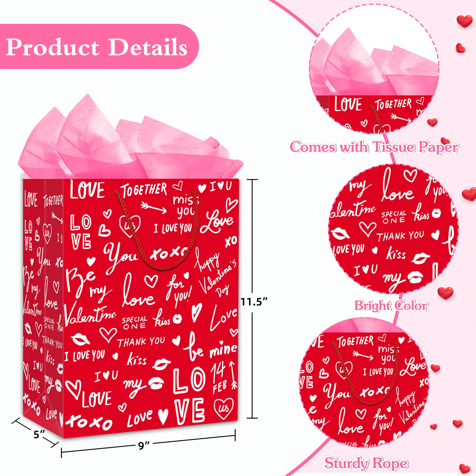 FaCraft Valentines Gift Bags with Handle,Large Happy Valentines Day Gift Bags with Tissue Paper for Her Him Girlfriend Boyfriend,Red Valentine Paper Gift Bag for Valentine's Day Anniversary Wedding