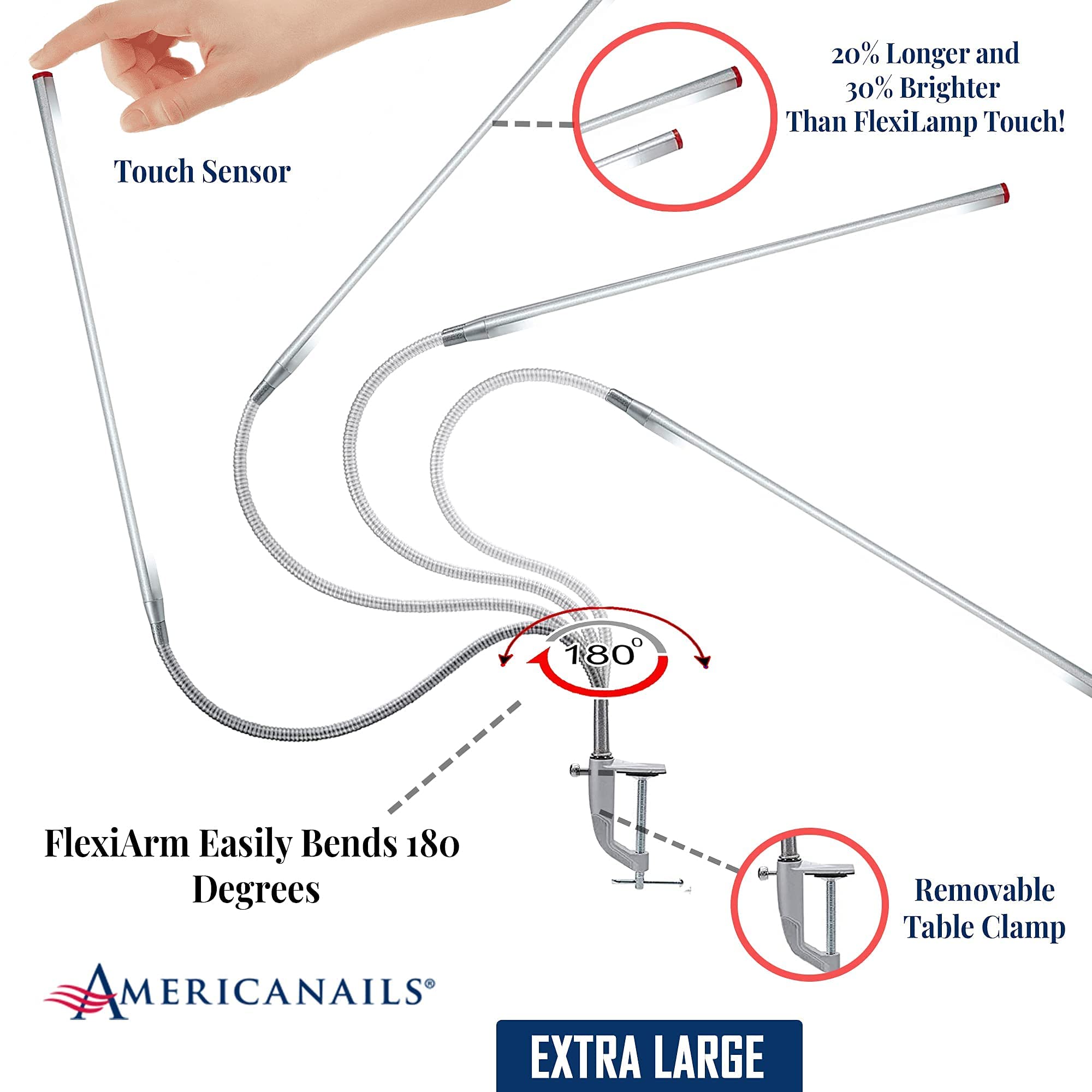Americanails FlexiLamp Touch XL - LED Table Desk Lamp - Removable Clamp - Adjustable Lighting for Nail Stations - Manicure Table Light - Flexible Arm β 3 Brightness Levels - Touch Sensor - 400 Lumens