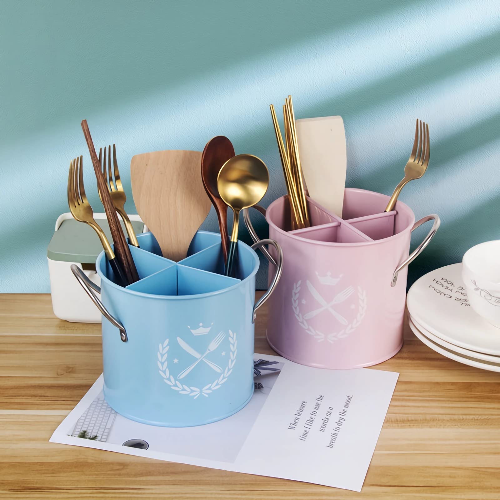 CBEYNCHOS Flatware Organizers for Forks Spoons Knives Cooking Tools,Kitchen Utensil Holder,Cutlery Caddy Storage Bucket with Drain Hole (Red)