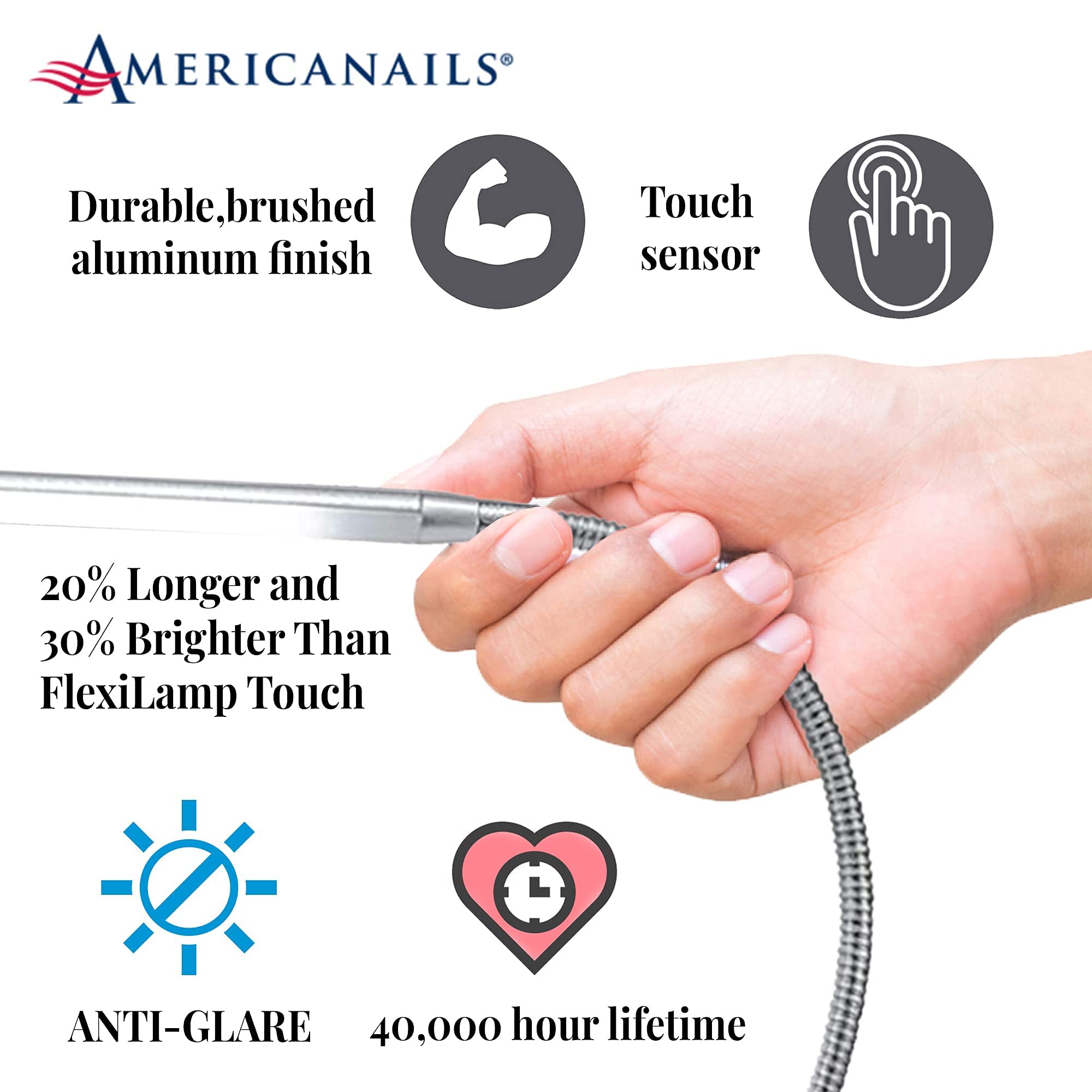 Americanails FlexiLamp Touch XL - LED Table Desk Lamp - Removable Clamp - Adjustable Lighting for Nail Stations - Manicure Table Light - Flexible Arm β 3 Brightness Levels - Touch Sensor - 400 Lumens