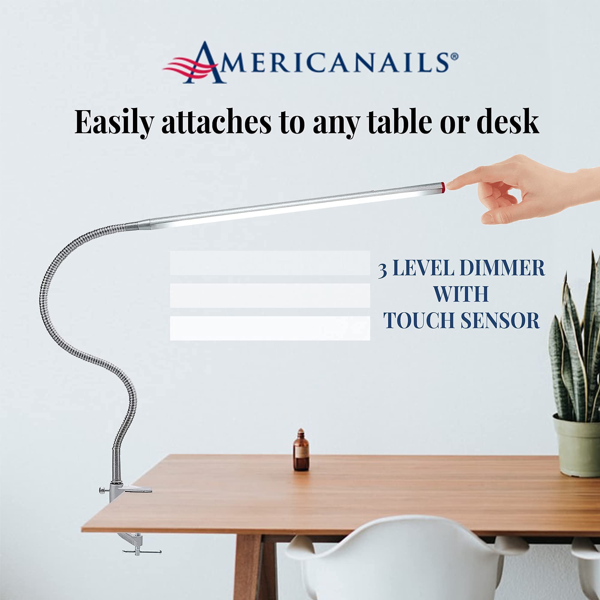 Americanails FlexiLamp Touch XL - LED Table Desk Lamp - Removable Clamp - Adjustable Lighting for Nail Stations - Manicure Table Light - Flexible Arm β 3 Brightness Levels - Touch Sensor - 400 Lumens