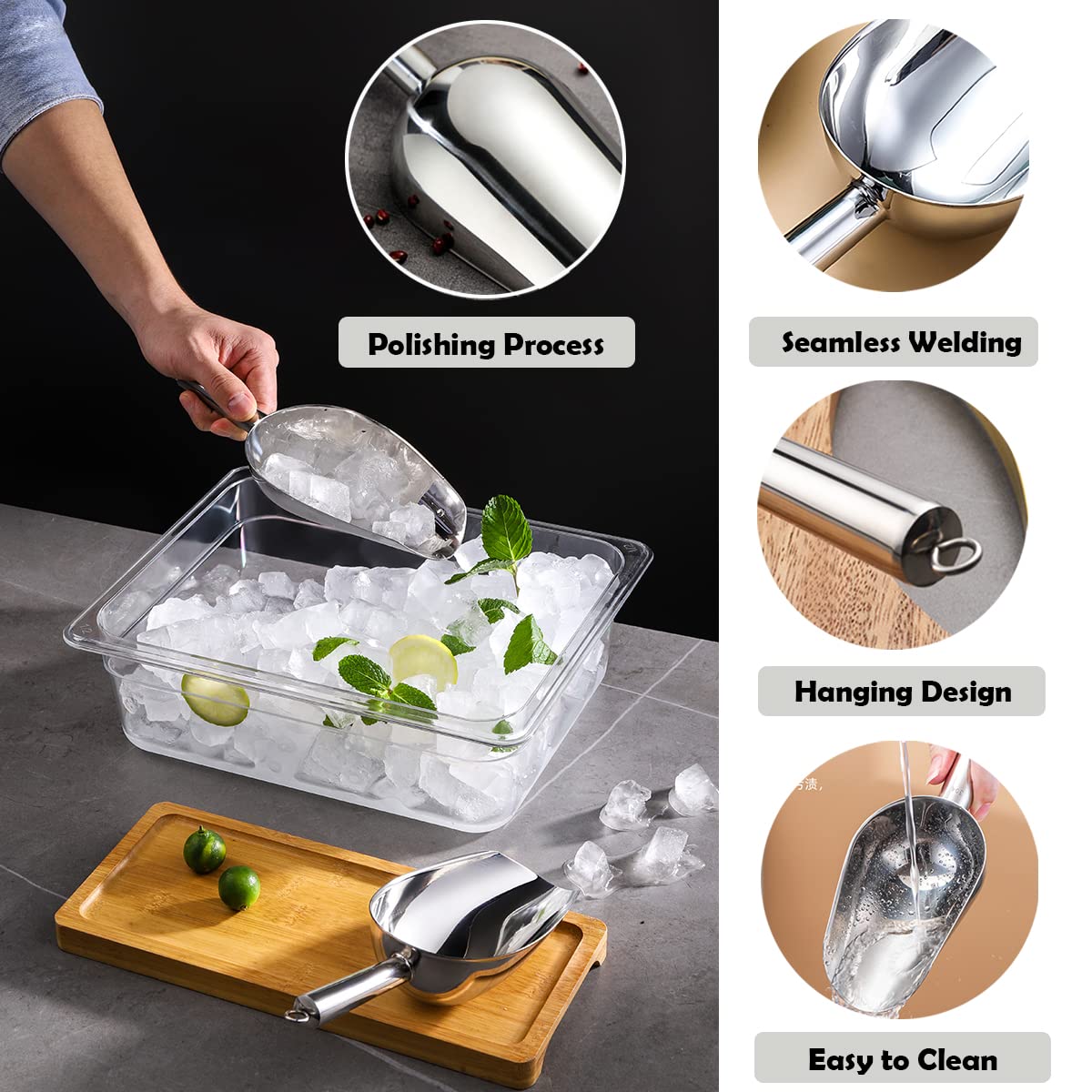 Metal Ice Scoop 6 Oz,Kitchen Ice Scooper for Ice Maker, Small Food Scoops for Bar Party Wedding Pet Dog Food, Stainless Steel Silver