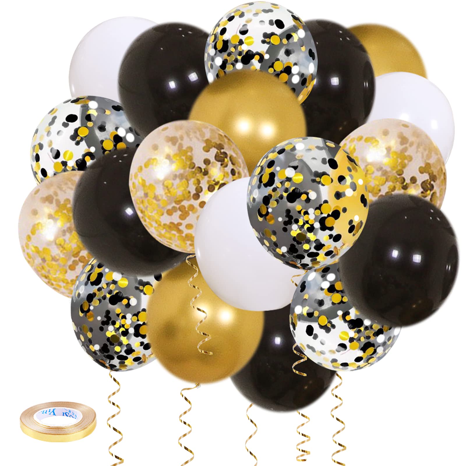 Zesliwy Black Gold Confetti Balloons 50 pack - 12 Inch Gold White and Black Confetti Balloons with Ribbons for Graduation Birthday Wedding Party Decorations