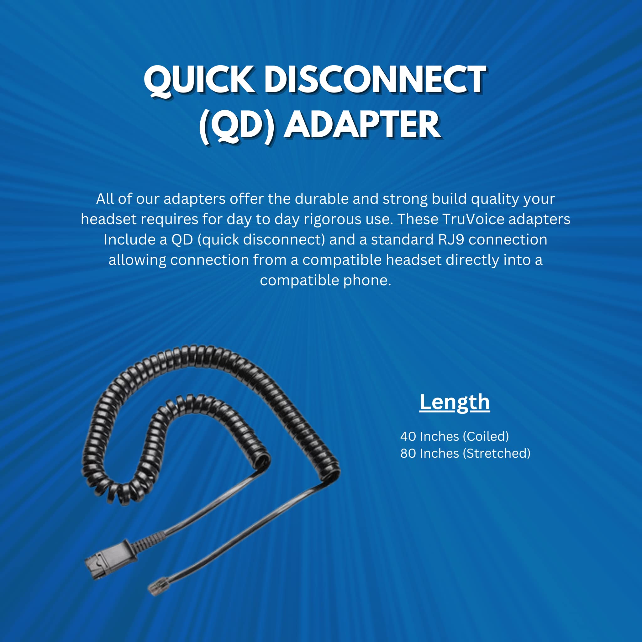 TruVoice U10P Adapter Cable Compatible with Any Plantronics (QD) Headset and Works with Mitel, Nortel, Avaya Digital, Polycom VVX, Shoretel, Aastra, Digium, ESI, Allworx and More