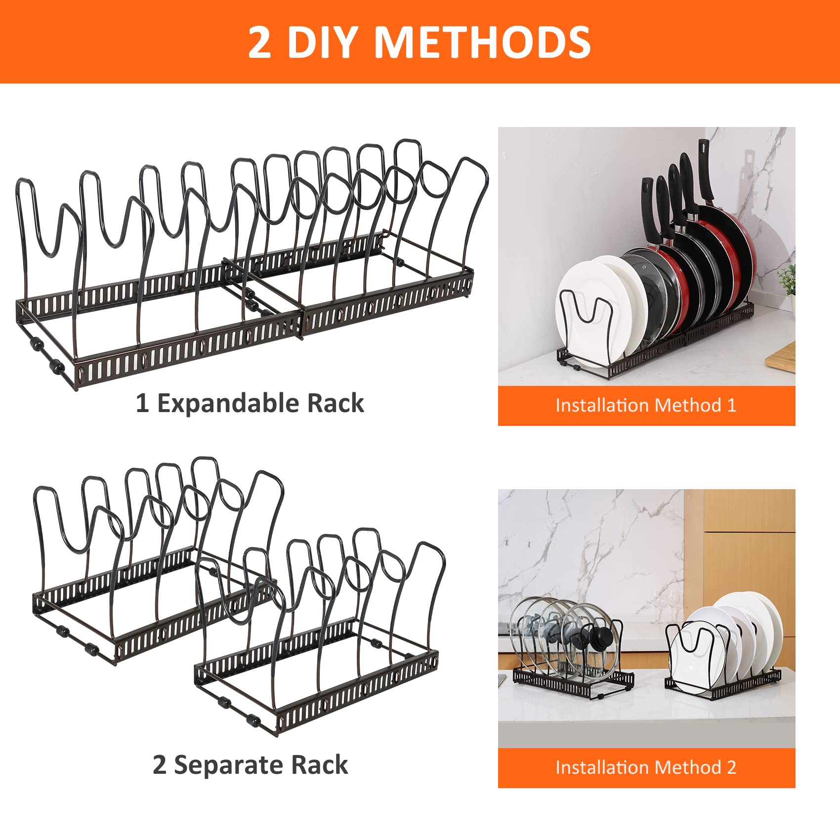 ROOHUA Pot Rack Organizer -Expandable Pot and Pan Organizer for Cabinet,Pot Lid Organizer Holder with 10 Adjustable Compartment for Kitchen Cabinet Cookware Baking Frying Rack,Bronze