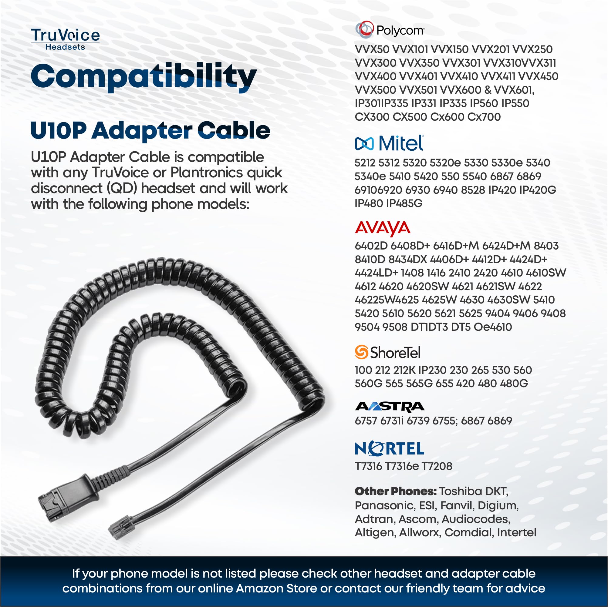 TruVoice U10P Adapter Cable Compatible with Any Plantronics (QD) Headset and Works with Mitel, Nortel, Avaya Digital, Polycom VVX, Shoretel, Aastra, Digium, ESI, Allworx and More