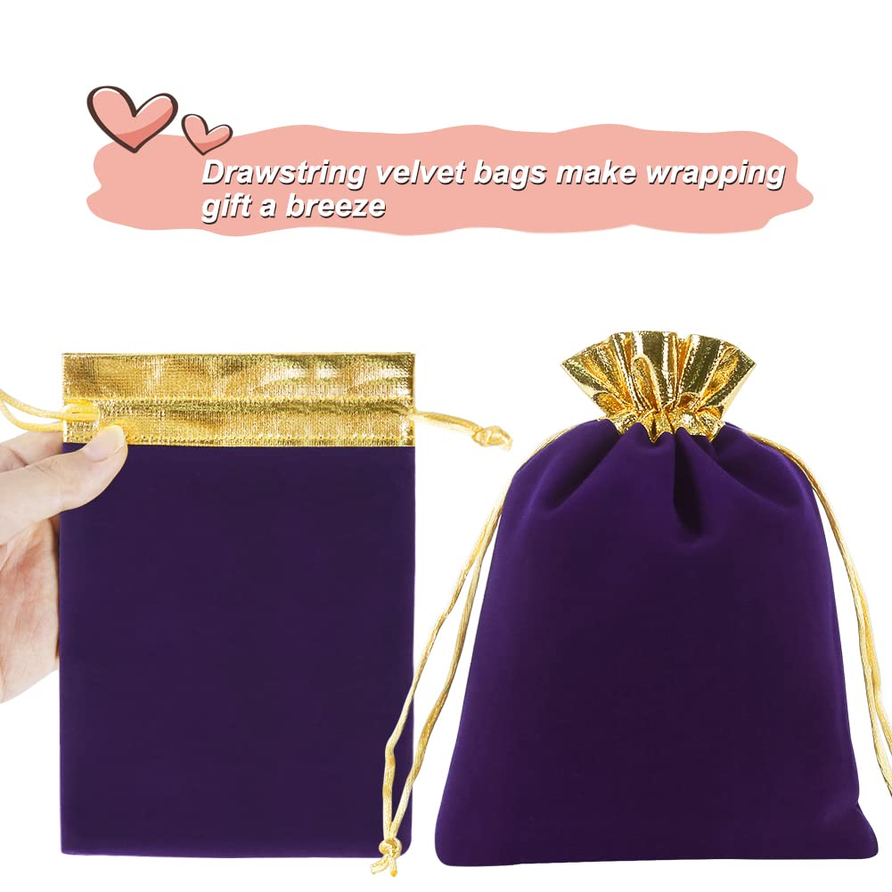 HRX Package 10pcs Velvet Bags with Drawstrings 5x7 inch, Purple Gold Cloth Jewelry Pouches Baggies Sacks for Small Gift Dice Party Favor