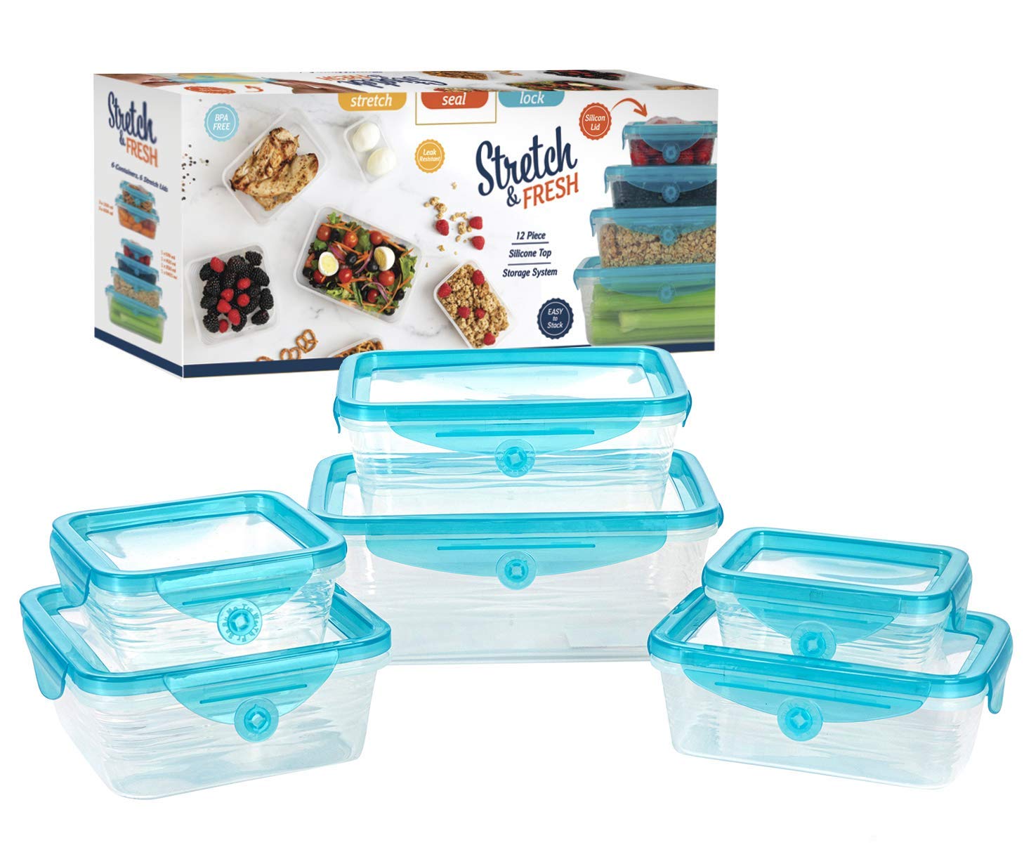 Stretch and Fresh Leak-Proof Food Container Set Stackable, BPA-Free Silicone w/ Airtight Lids for Solids, Soups and Sauces, Freezer-Safe Great for Meal Preparation