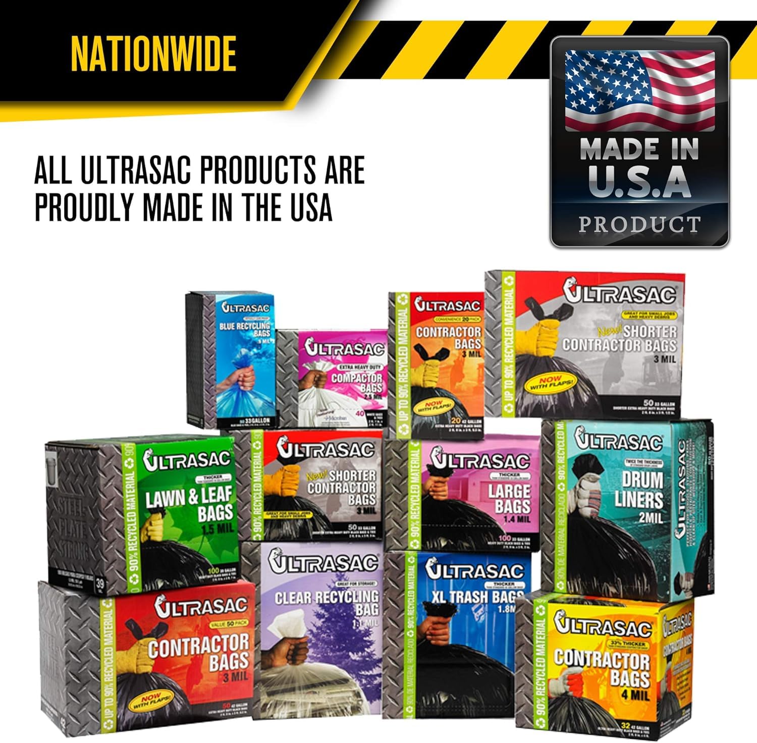 Ultrasac Contractor Bags 42 Gallon (20 Pack/w Flap Ties), 2.9' x 3.95' - 3 MIL Thick Large Black Heavy Duty Industrial Garbage Trashbags for Professional Construction and Commercial use
