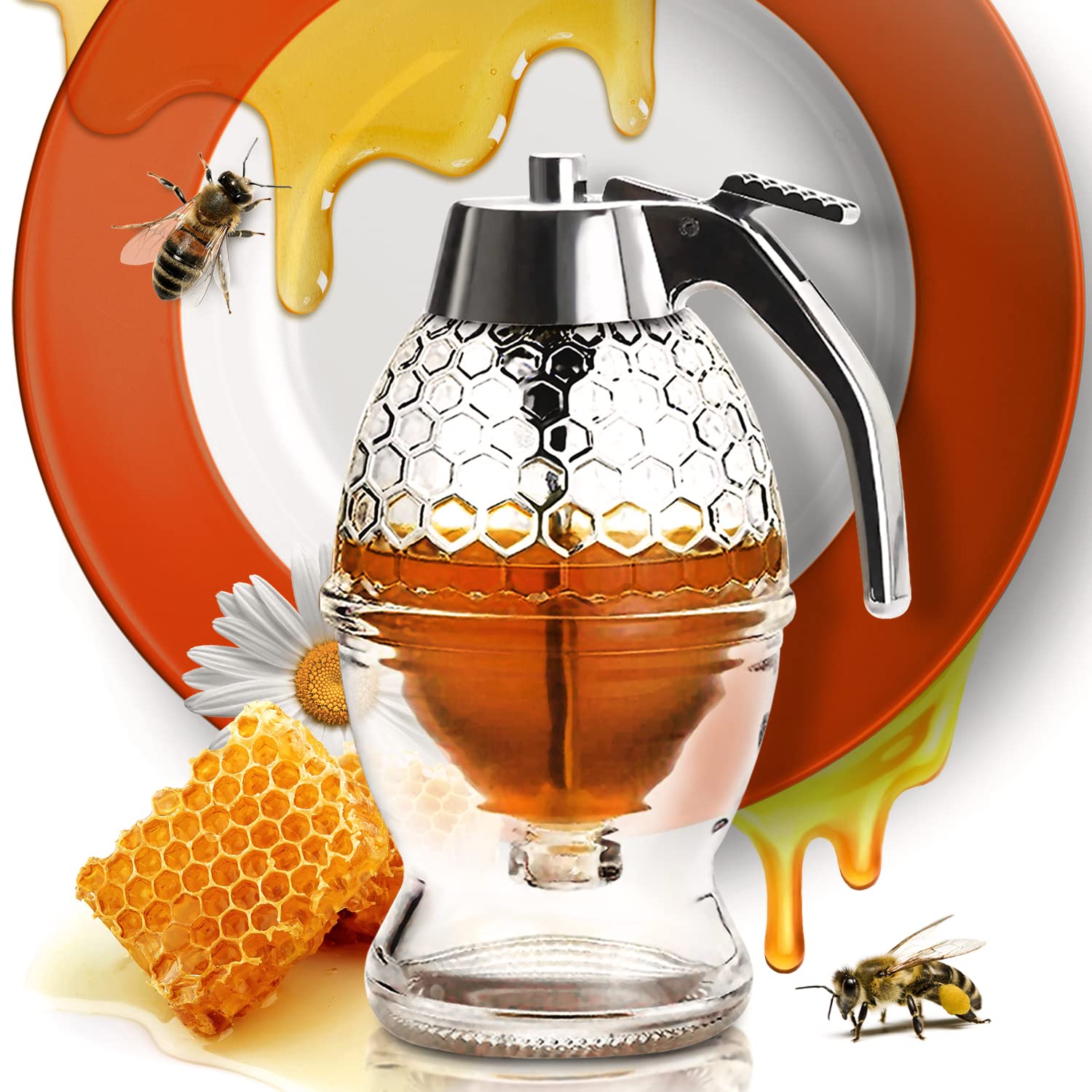 Glass Honey Dispenser – No Drips, No Trails – CLEVLI Honey Dispenser 8 Oz with Stand – Honey Pot – Honey Jar Glass – Easy-to-clean Glass – Honey Dispenser With Honeycomb Design and Stand