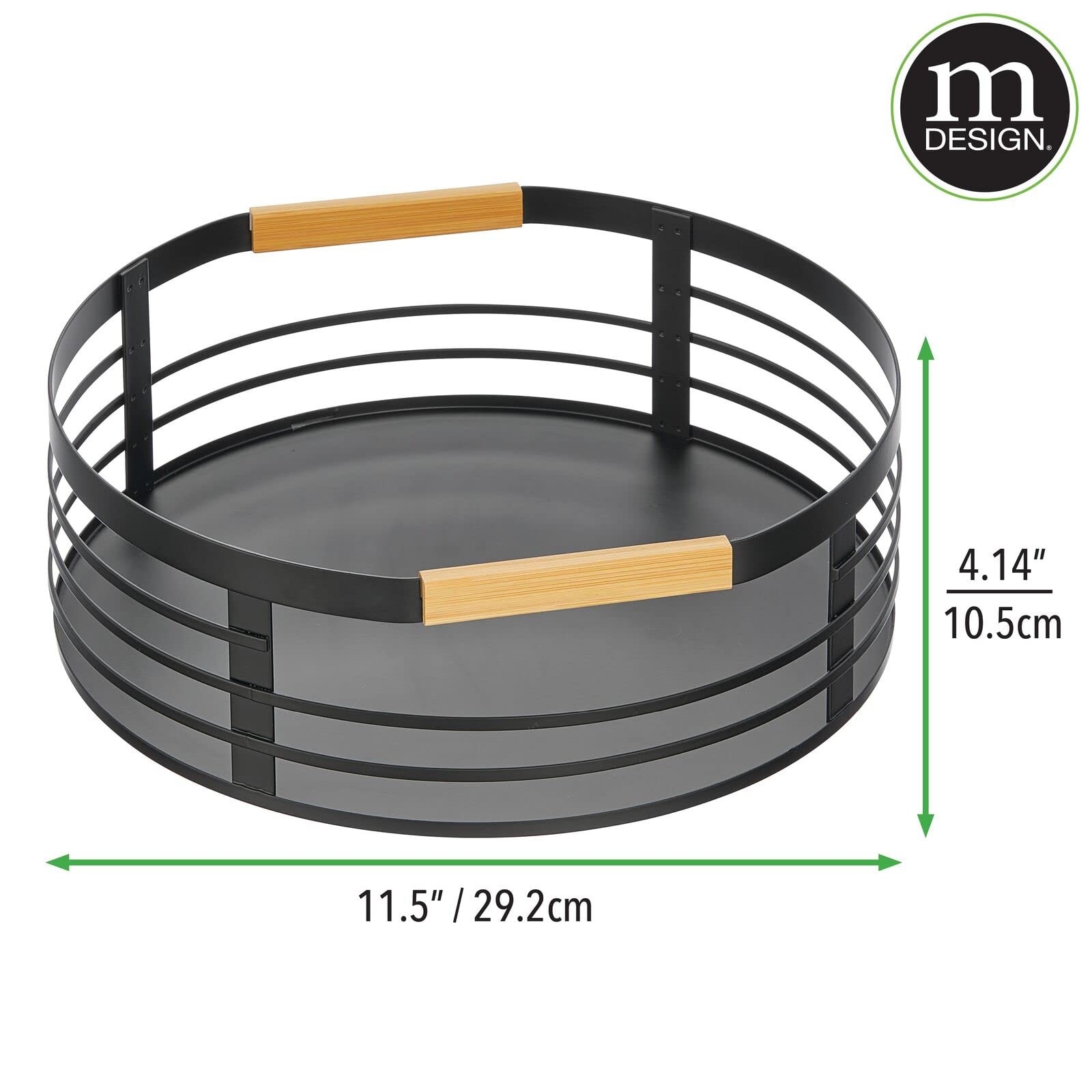 mDesign Modern Metal Lazy Susan Turntable Tray - Rotating Storage Spinner Basket and Holder for Kitchen, Pantry, Counter, Table, Fridge - 11.5 Inch Round - Matte Black/Natural Bamboo Handles