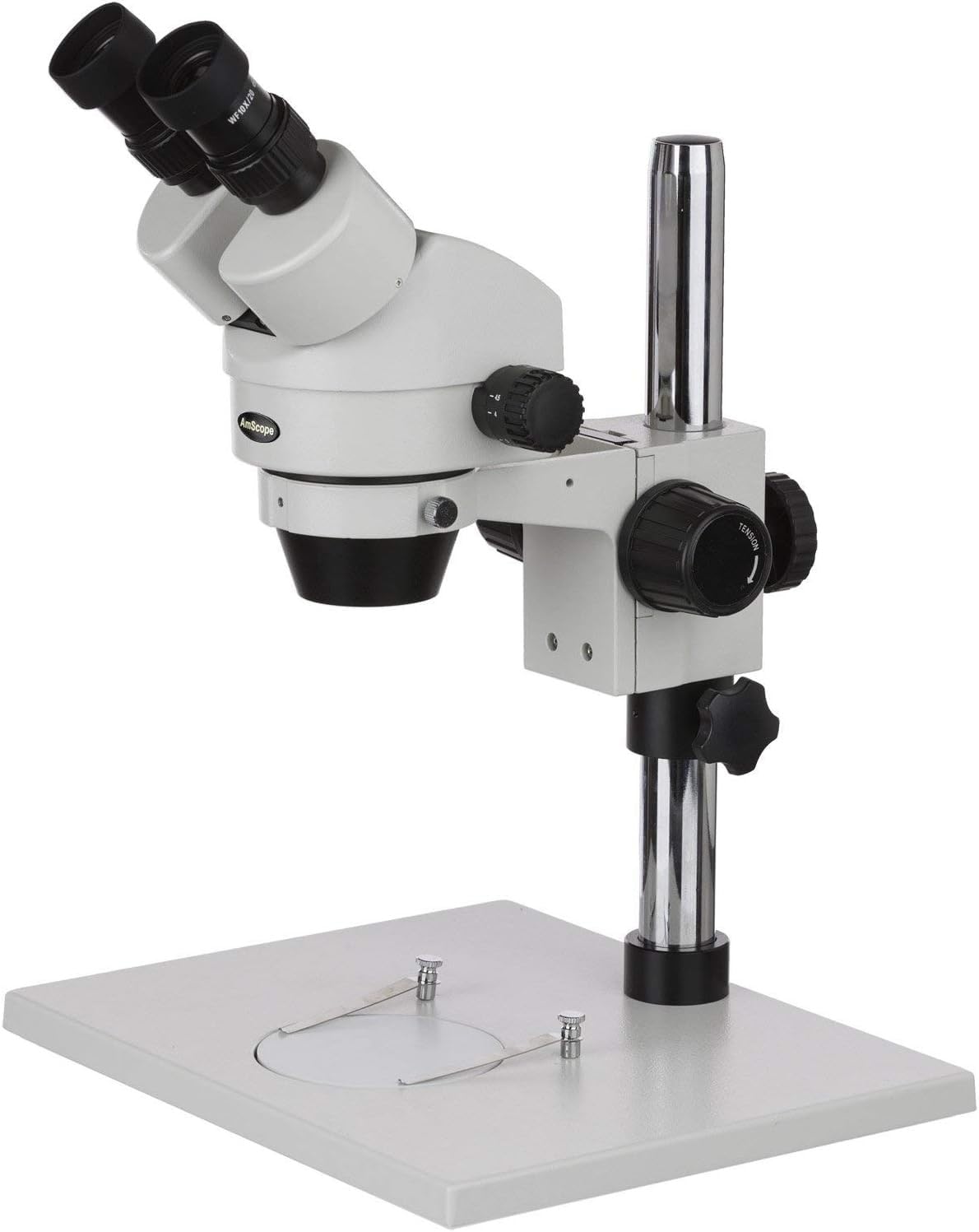 AmScope SM-1B Professional Binocular Stereo Zoom Microscope, WH10x Eyepieces, 7X-45X Magnification, 0.7X-4.5X Zoom Objective, Ambient Lighting, Large Table Pillar Stand