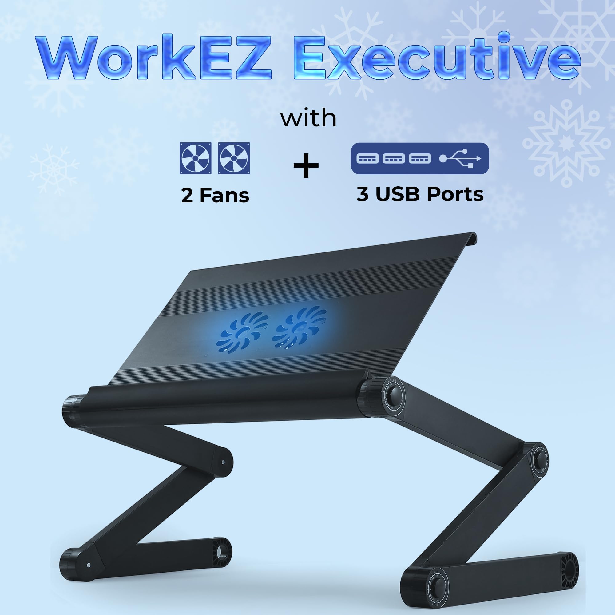WorkEZ Executive Adjustable Laptop Stand with 2 Fans 3 USB Ports Ergonomic Aluminum Lap Desk for Bed Couch tray holder folding height tilt angle cooling cooler portable desktop riser black