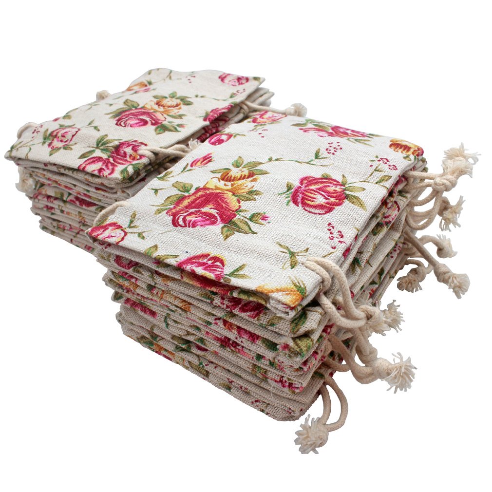 FASOTY Lot of 24 Rose Drawstring Burlap Bags Flower Pouches Bags Linen Gift Bags Jewelry Pouch Jute Sacks for Wedding Favor Party Gifts, DIY Craft, Presents, Valentines 3.7x5.2 Inch